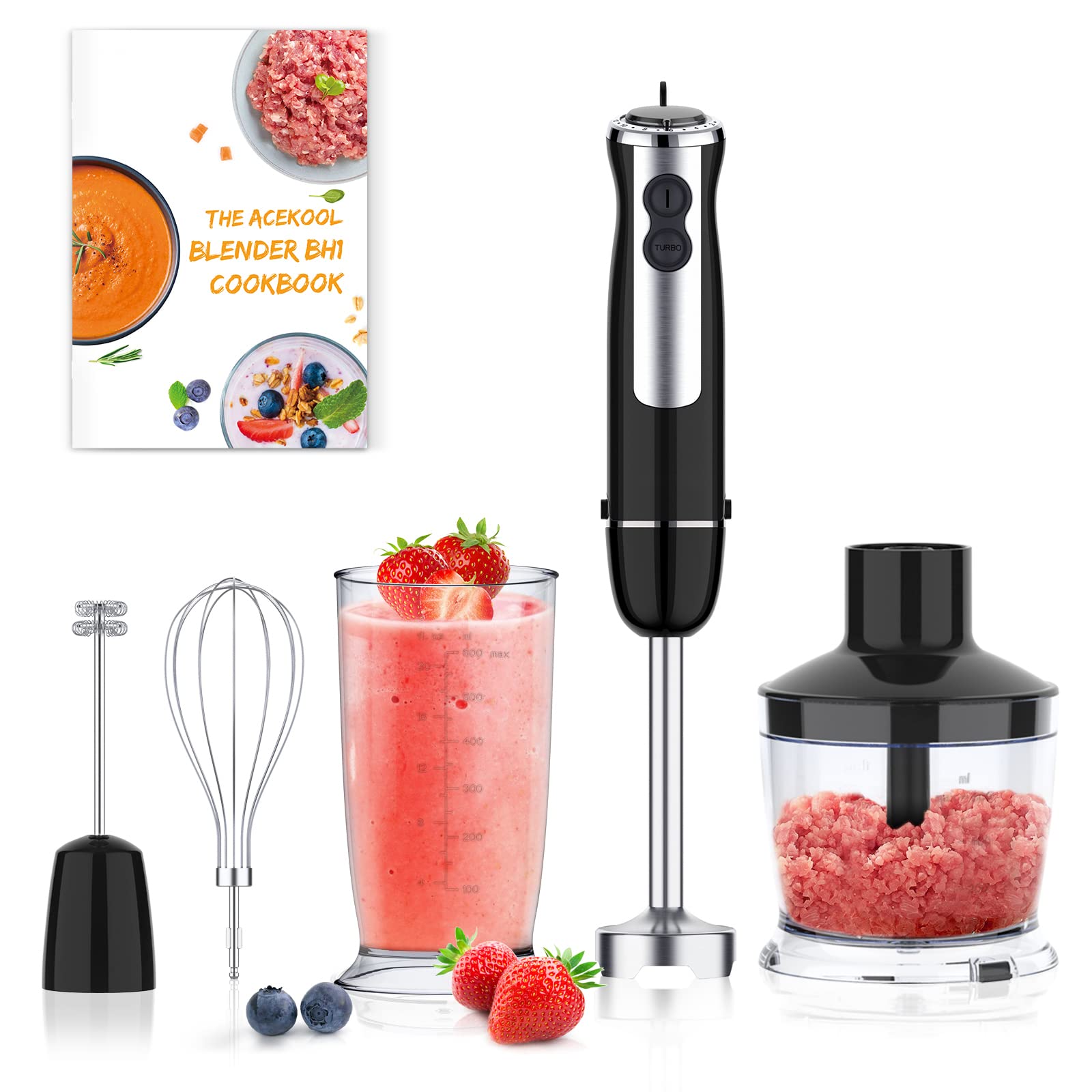 Adoolla 5-in-1 800 Watt Immersion Hand Blender Multi-Purpose, Stainless Steel 12 Speed and Turbo Mode Hand Mixer, 600ml Mixing Beaker, BPA-Free with Whisk, Milk Frother Attachments