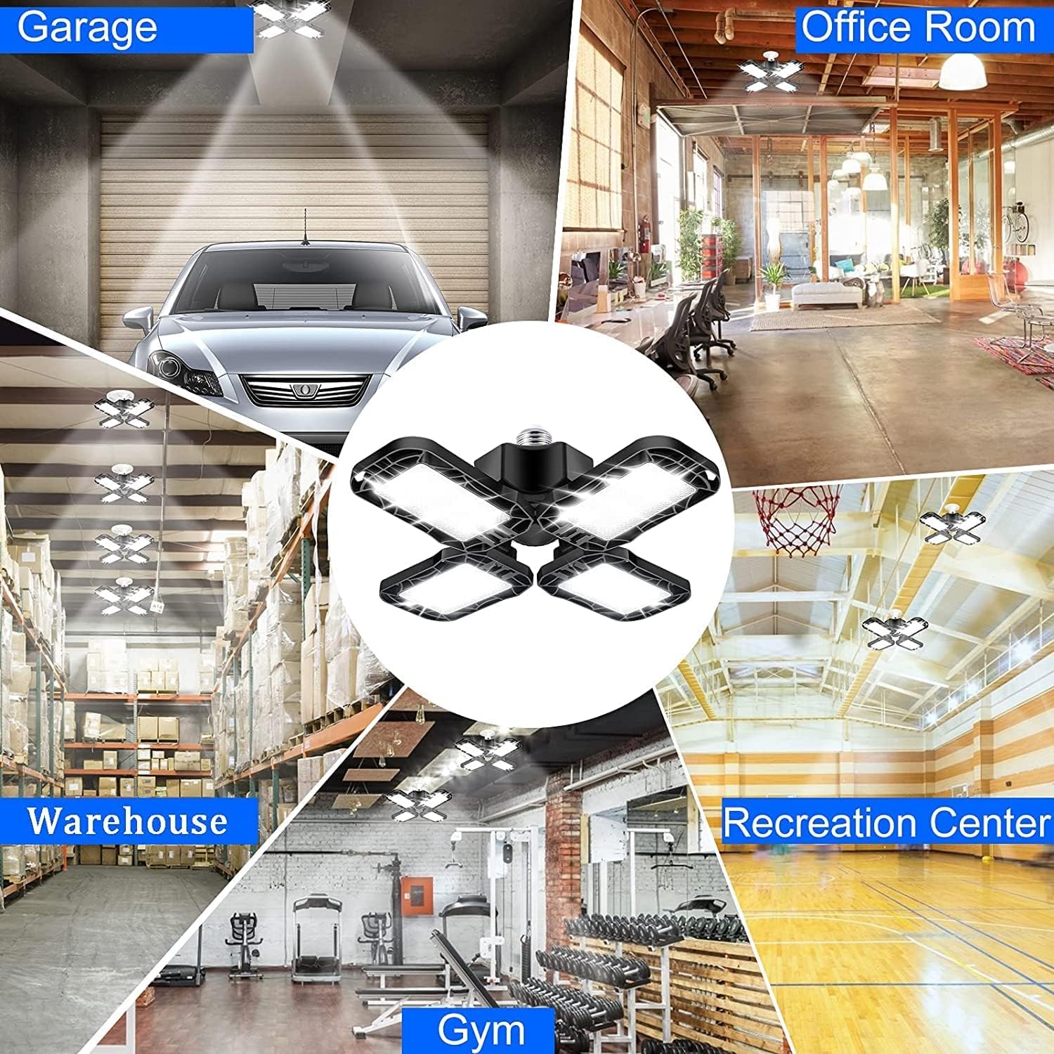 RensanR LED Garage Lights 2 Pack/80 Watts/6500k/4 Panels, Porcelain Lampholder, 4 Adjustable Panels, 9000LM High Lumen Output Super Bright LED Bulbs, E27 Compatible