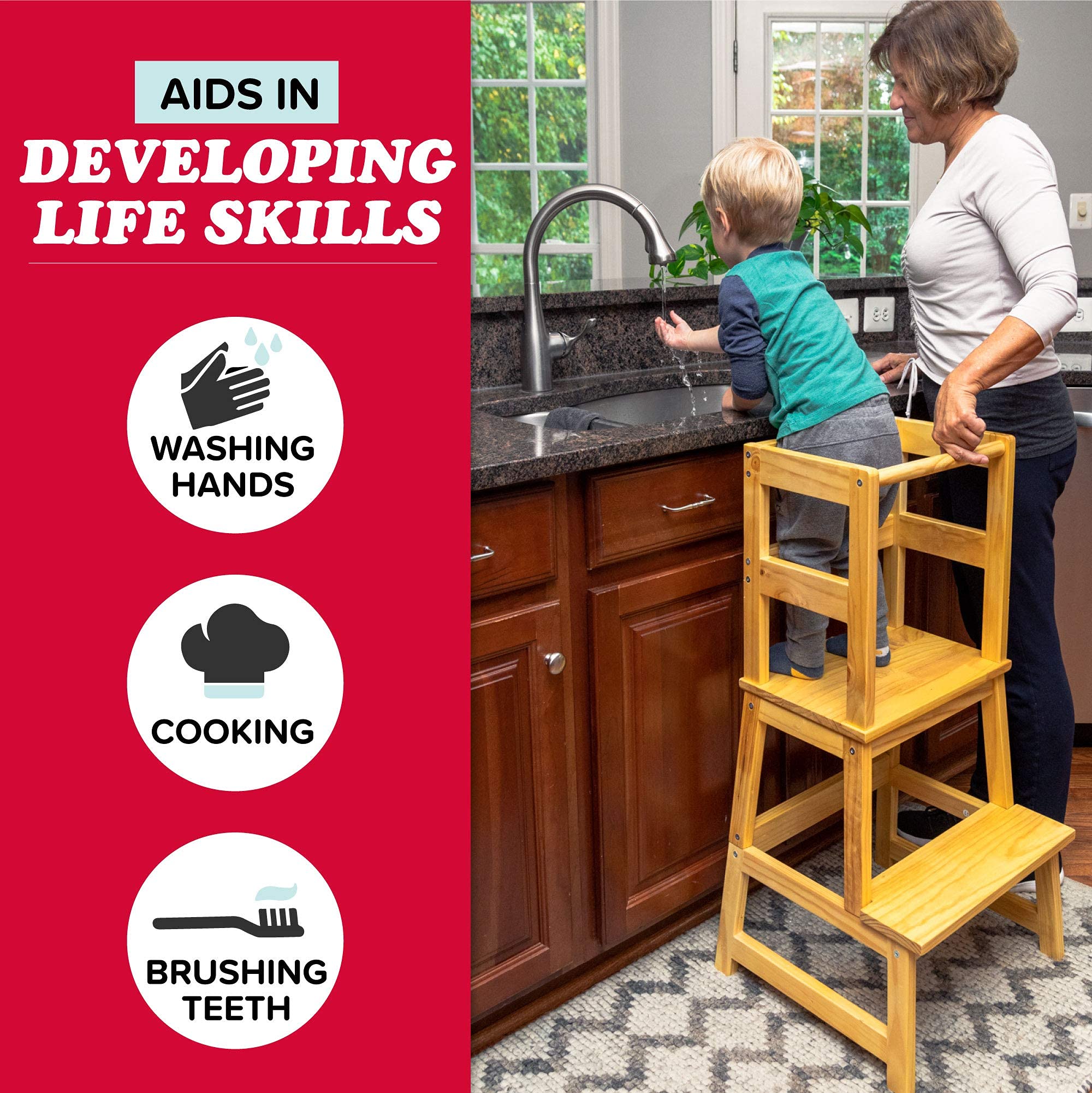 Play Platoon Toddler Kitchen Stool - Light Wood Wooden Step Stool Tower for Kids Kitchen Counter Learning, Standing Tower for Kitchen Counter, 3 Heights Adjustable Solid Wood, Non-Slip Mat for Safety
