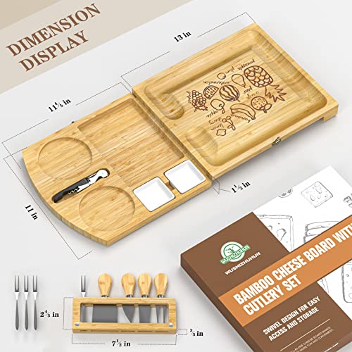 Cheese Board Charcuterie Board Set - Swiveling Wine Meat Cheese Platter Bamboo Cheese Server with Knives, Forks, Wine Opener, Ceramic Bowls for Gathering Party - Warming Gift for Women Friend