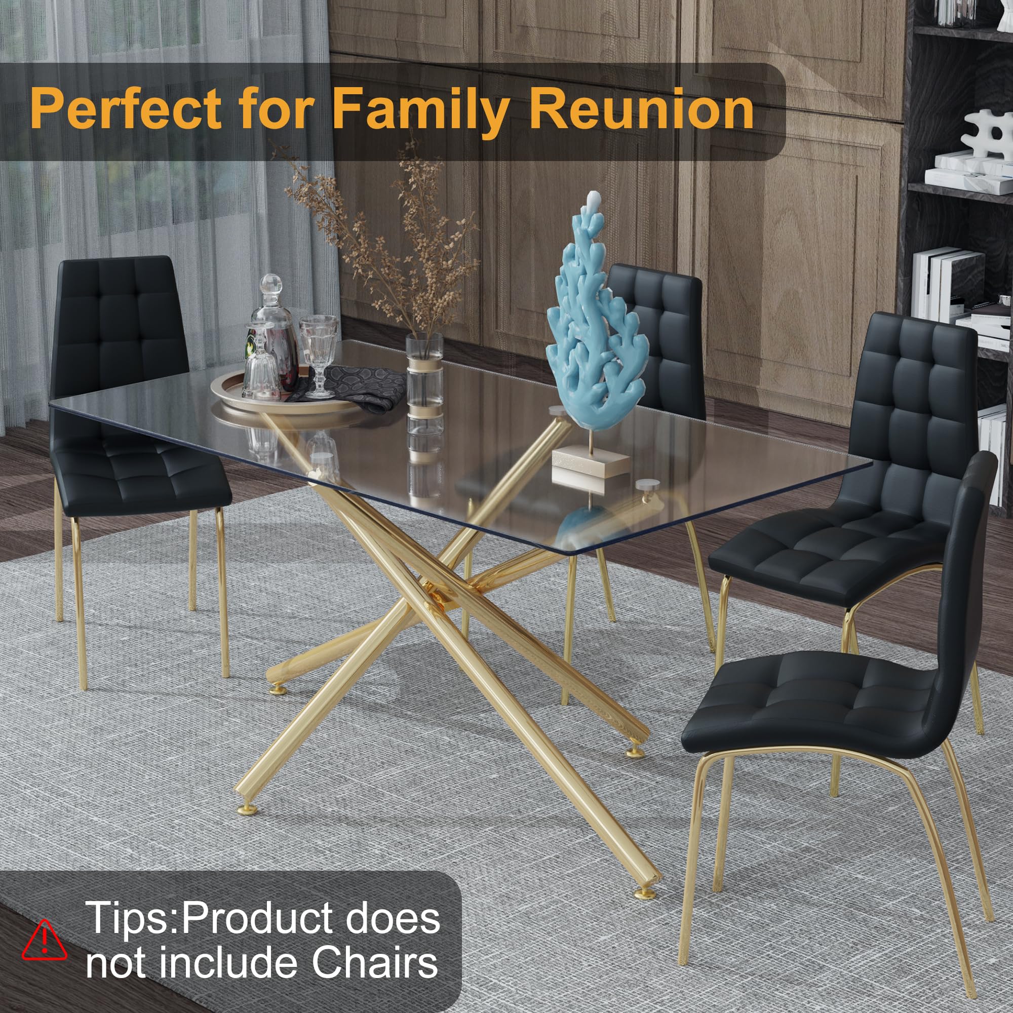 63 inch Glass Dining Table for 6, Modern Kitchen Table with Rectangular Tempered Glass Top and 4 Chrome Legs, Large Dining Table for Office Kitchen Living Meeting Room, Golden