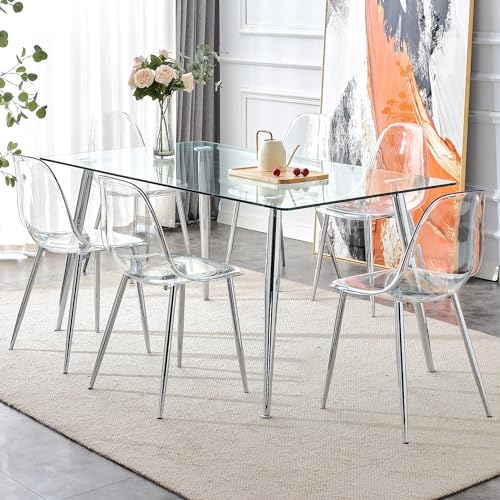 63 Inch Rectangle Dining Table,Modern Kitchen Table with Tempered Glass Tabletop and Metal Legs,Dining Room Table Dinner Table for Dining Room, Kitchen