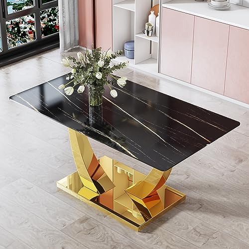 63" Glass Dining Table for 4-6, Rectangular Dining Room Table with 0.39'' Black Imitation Marble Tempered Glass Tabletop, U-Shaped Plated Metal Base Dining Table for Dining Room Kitchen