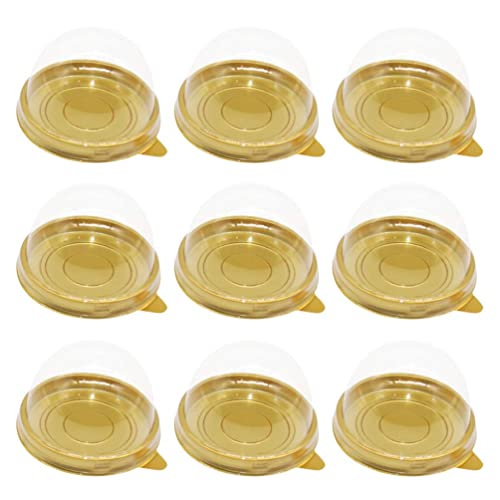 NUOBESTY Individual Cupcake Boxes, 100pcs Golden Tray Round Plastic Transparent Dome Cupcake Boxes Egg-Yolk Puff Food Container Single Mooncake Dome Boxes Baking Packing Box |2.75x2.75x1.96 inch