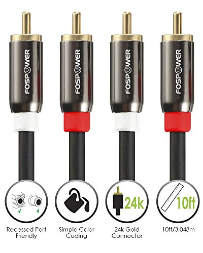 FosPower (10 Feet 2 RCA M/M Stereo Audio Cable [24K Gold Plated | Copper Core] 2RCA Male to 2RCA Male [Left/Right] Premium Sound Quality Plug