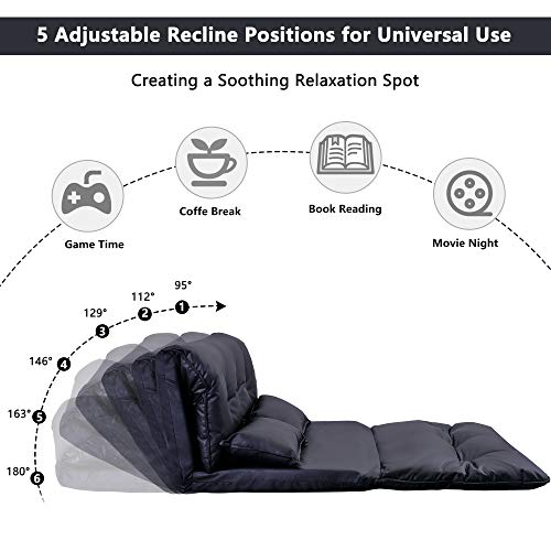 Adjustable Floor Sofa Bed with 2 Pillows , Folding Futon Couch Leisure Lazy Sofa with 5 Reclining Position, PU Floor Sofa for Reading or Gaming in Bedroom/Living Room/Balcony,Black