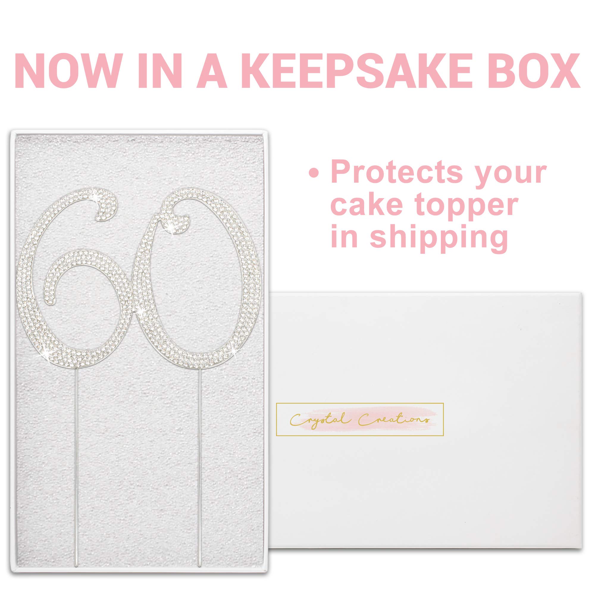 60 Cake Topper - Premium Silver Metal - 60th Birthday or Anniversary Party Sparkly Rhinestone Decoration Makes a Great Centerpiece - Now Protected in a Box
