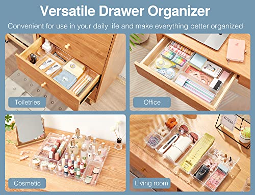 Puroma 10Pcs Drawer Organizer Set 5-size Versatile Vanity and Bathroom Drawer Organizers, Clear Plastic Desk Drawer Organizer Trays and Customize Layout Storage Bins for Makeup Kitchen Office (Clear)