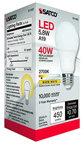 Satco 11402 Econo LED A19 Light Bulb, 40W Replacement, 2700K Warm White, 450 Lumens