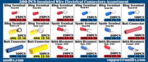 Amlits 300 PCS Insulated Wire Electrical Connectors - Butt, Ring, Spade, Quick Disconnect - Crimp Terminals Connectors Assortment Kit