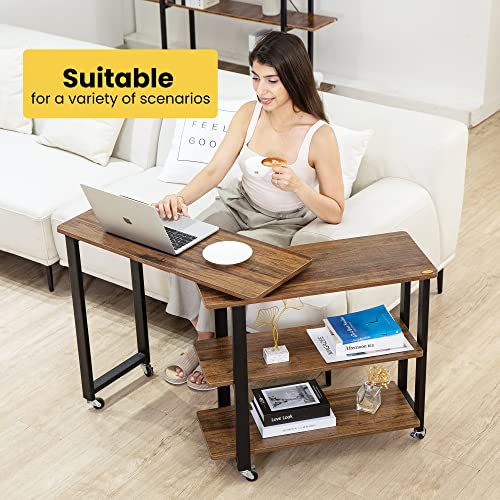 VIVOHOME Sofa Side Table 360° Rotating Mobile End Table Movable Laptop Table with 2 Tiers Storage Shelves 6 Universal Casters for Home Office