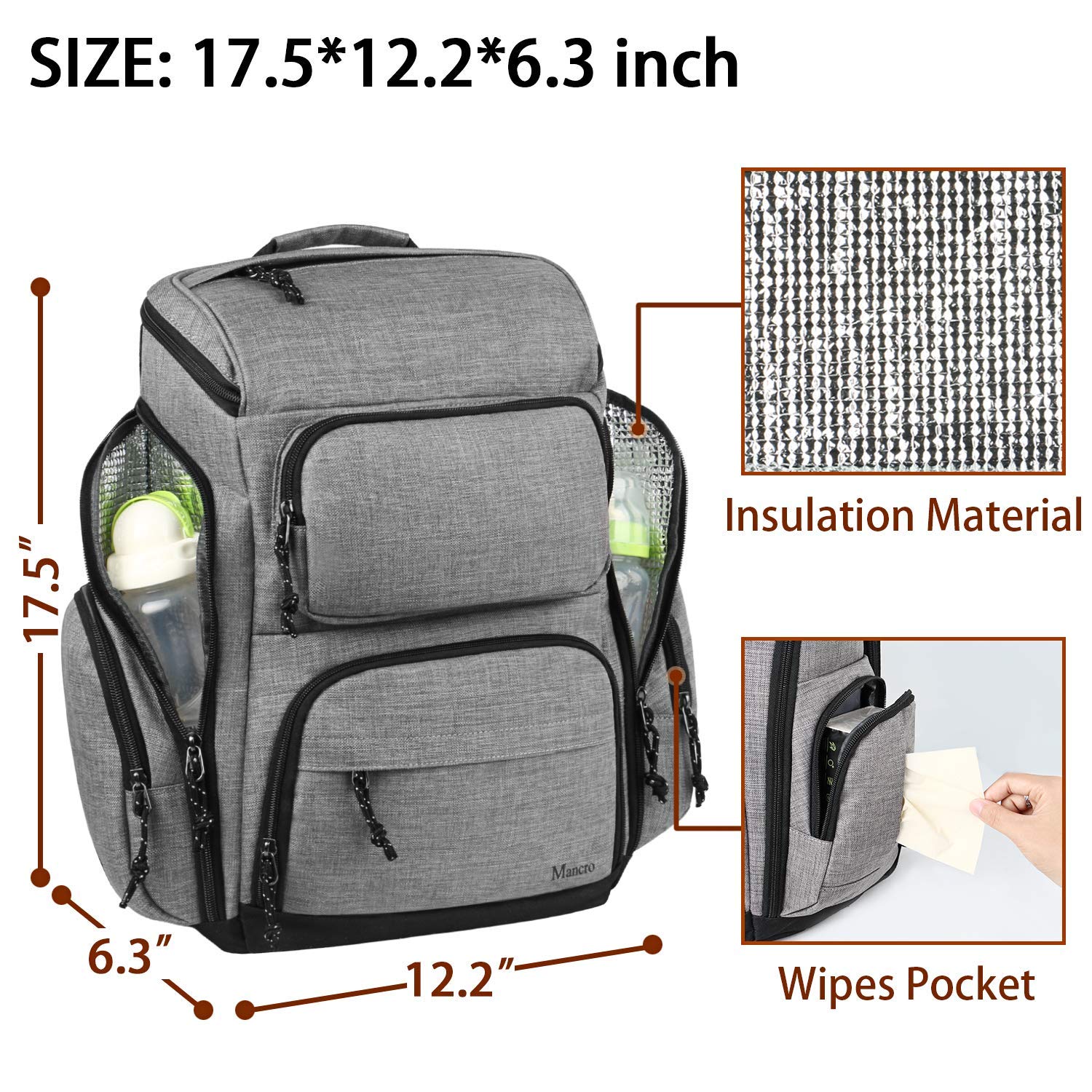 Mancro Diaper Bag Backpack, Large Bady Bag, Multifunction Maternity Baby Nappy Bag for Dad & Mom with Changing Pad, USB Charging Port, Insulated Pockets, Laptop Pocket and Stroller Straps