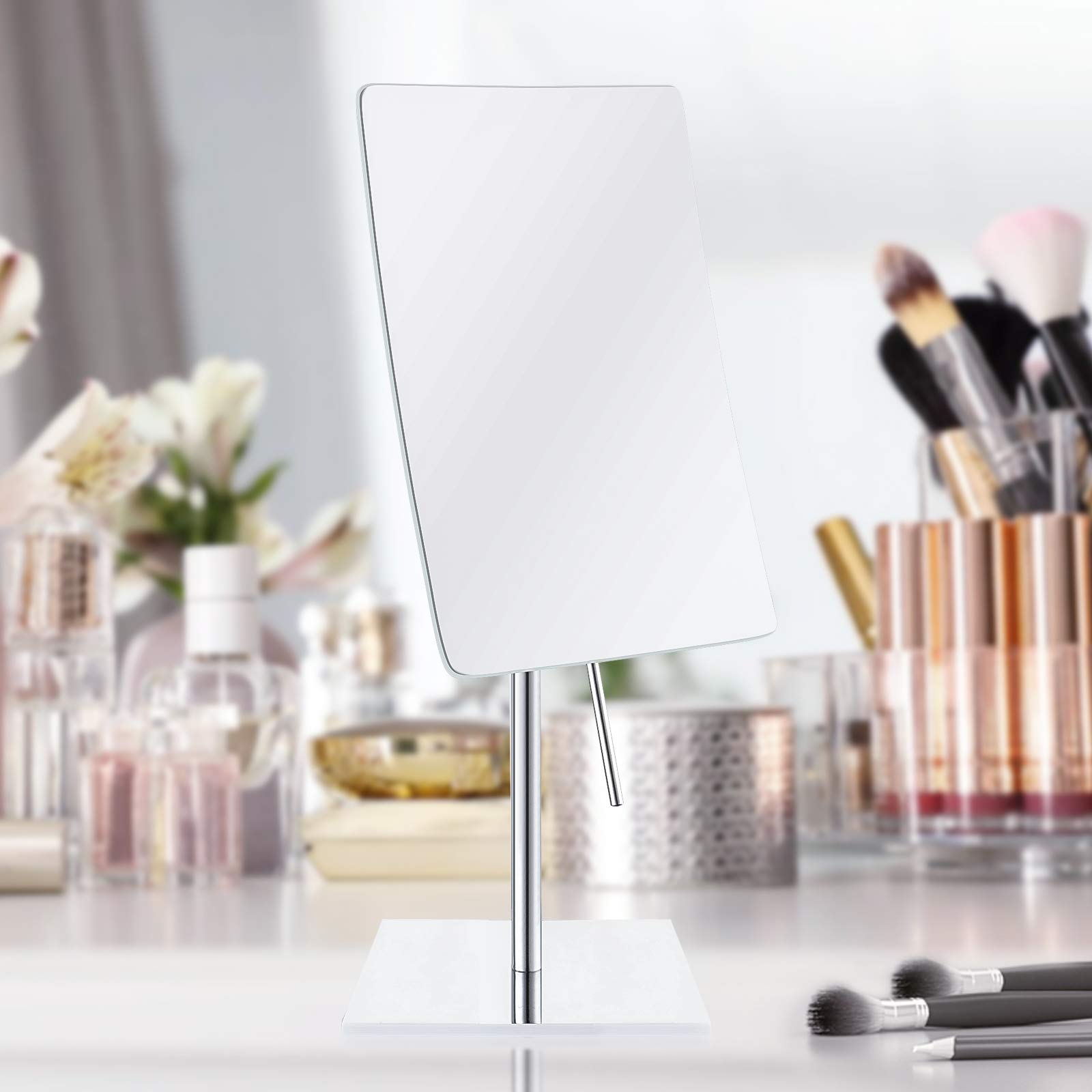 GURUN Frameless Rectangle Tabletop Vanity Mirror Single Side Adjustable Easy Positioning 5X Magnification 304 Stainless Steel Chrome Finish 2234(Chrome,5X