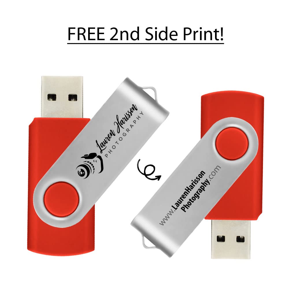 4GB Custom USB Flash Drives Personalized with Your Logo - for Promotional Use - Swivel - Red Body/Silver Clip - 20 Pack