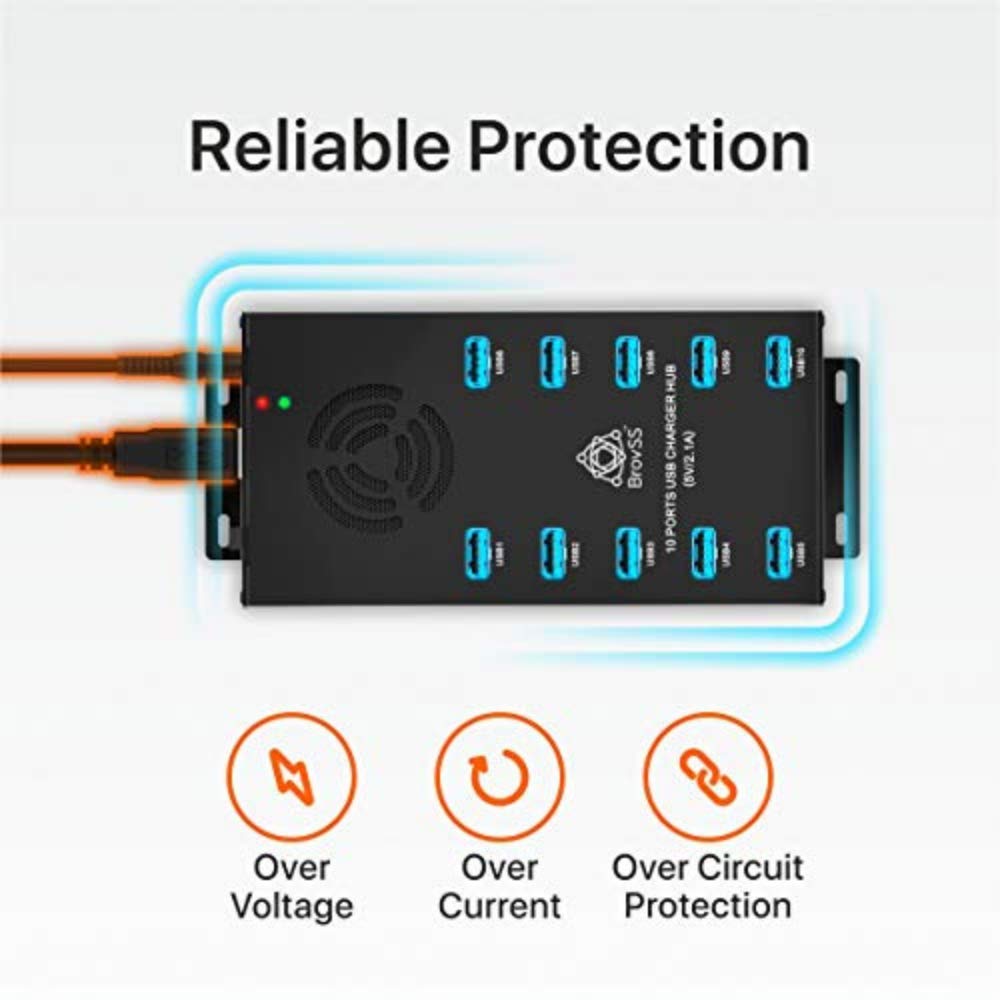 BrovSS: 10 Port USB 3.0 Hub - USB Hub Charger - Powered USB Hub - USB Charging Splitter - Multiple USB Port Hub - Charging Hub with 5V 10A 120W Power Adapter, Cooling Fan, Mounting Brackets (Black)