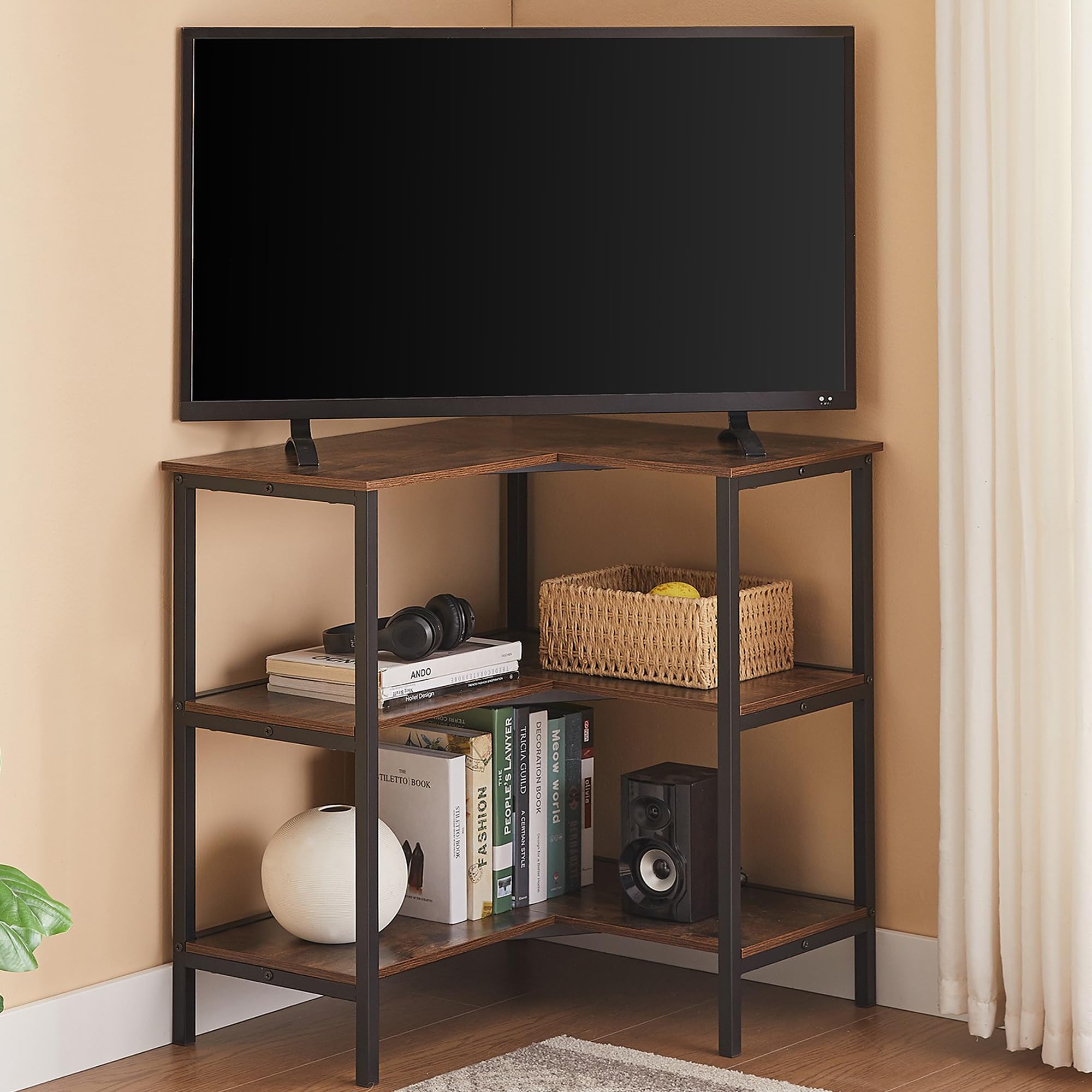 VECELO Corner Cabinet Table with 3 Tier Open Shelf, Multipurpose Display Organizer Storage Stand, for Small Space Living Room Home Office Kitchen, Brown