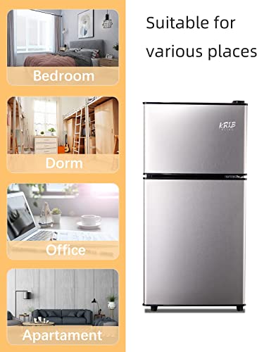 KRIB BLING Refrigerator with Freezer 3.5 Cu.Ft with 7 Level Adjustable Thermostat Control 2 Door Energy Saving Top-Freezer Compact Refrigerator Silver
