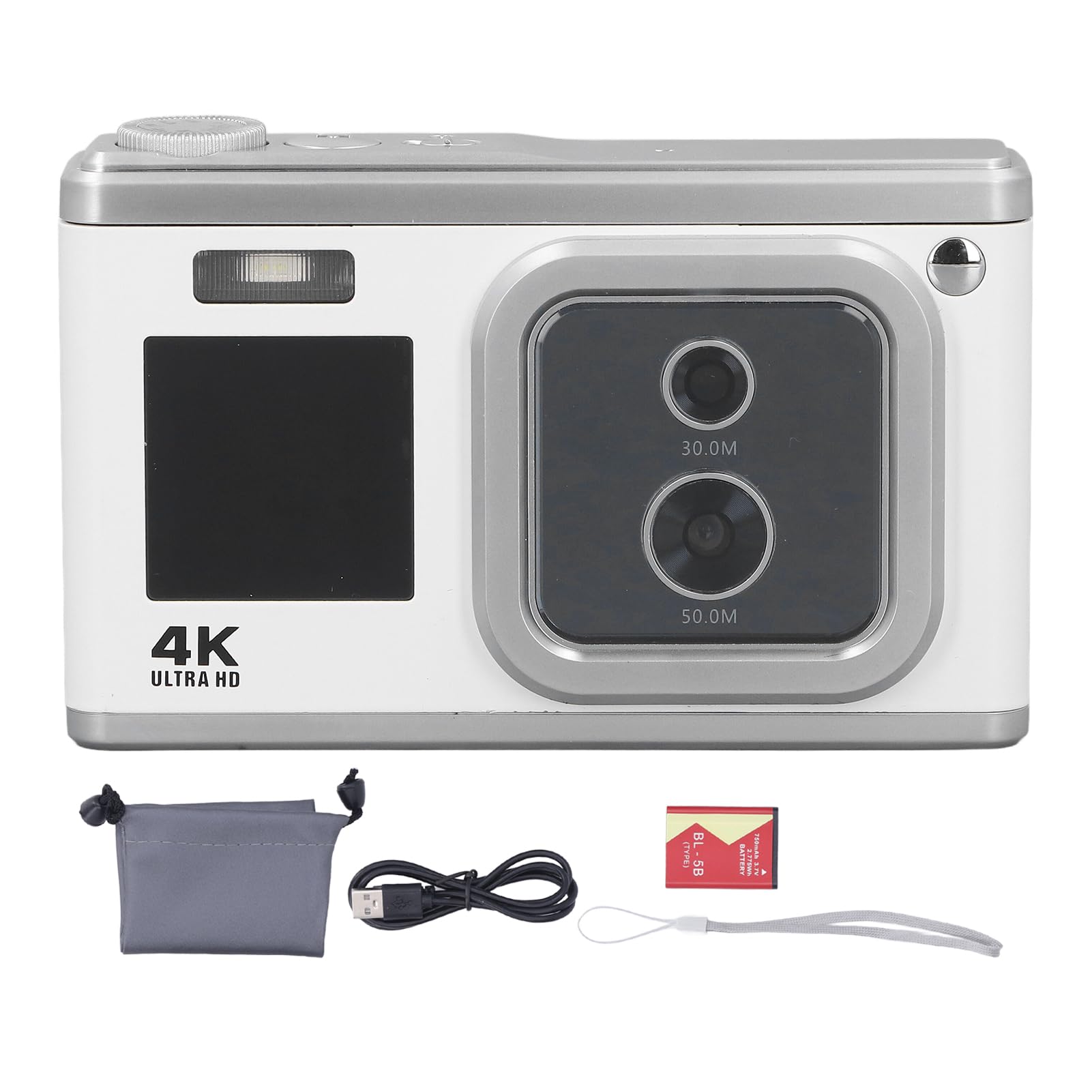 4K Digital Camera with Flash, 50MP Digital Camera for Photography and Video Autofocus Anti Shake, Travel Portable Camera with Battery, 16X Zoom Vlogging Camera (White)