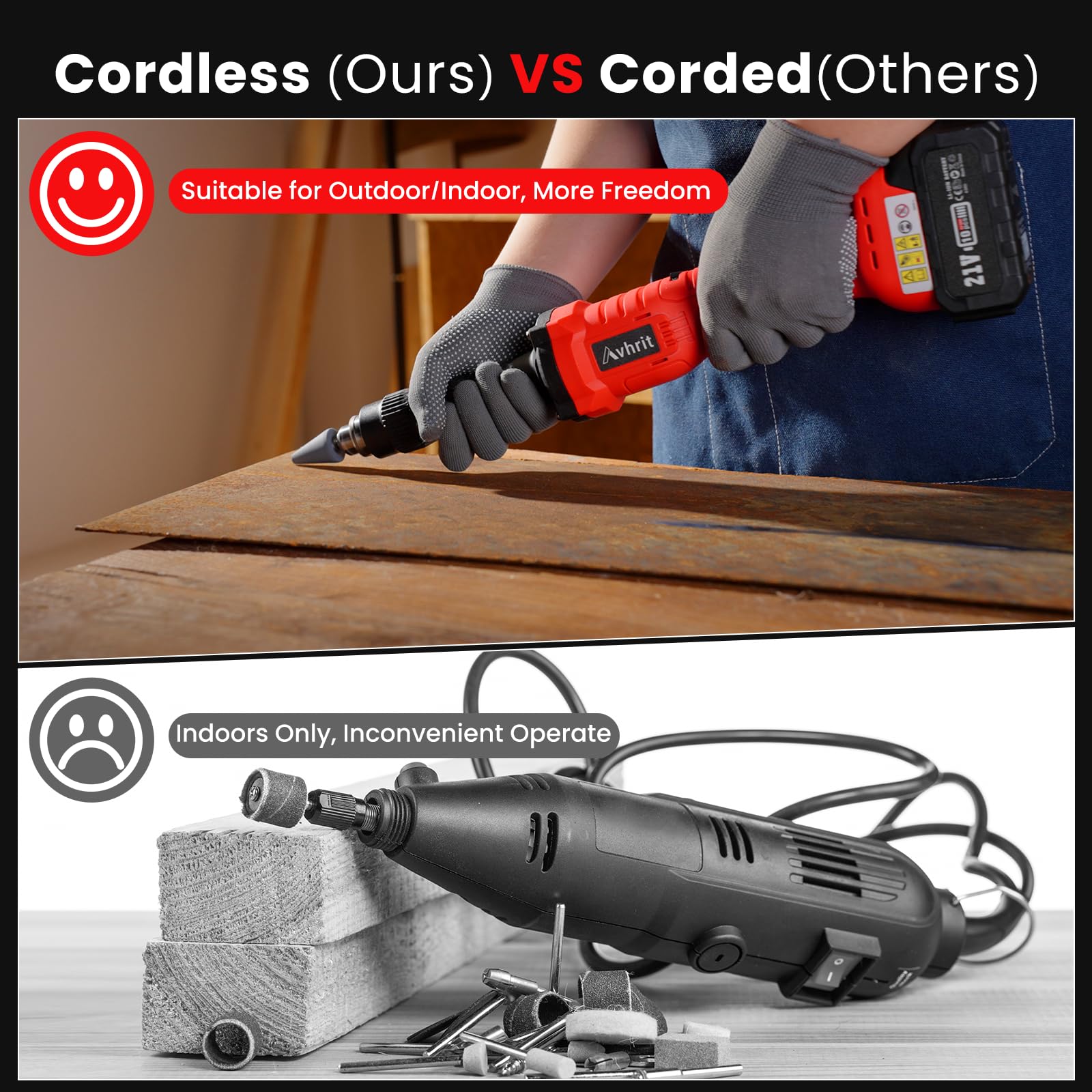 Avhrit Cordless Die Grinder with 2x 4.0Ah Batteries, 21V Brushless Die Grinder, Variable Speed Straight Grinder for Rust Removal, Grinding, Cutting, Polishing