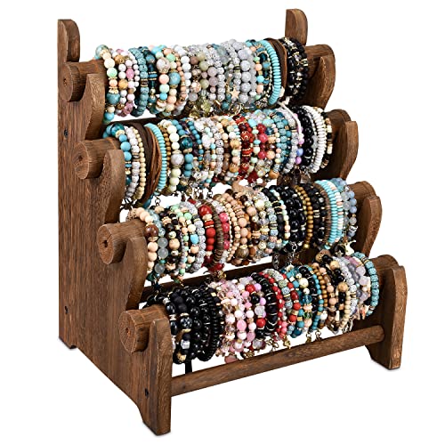Ikee Design Antique Wooden 4 Tier Jewelry Bracelet Display Stand Bangle Scrunchie Organizer Holder for Store, Showcase and Home Storage, 12" W x 9" D x 14" H, Brown Color