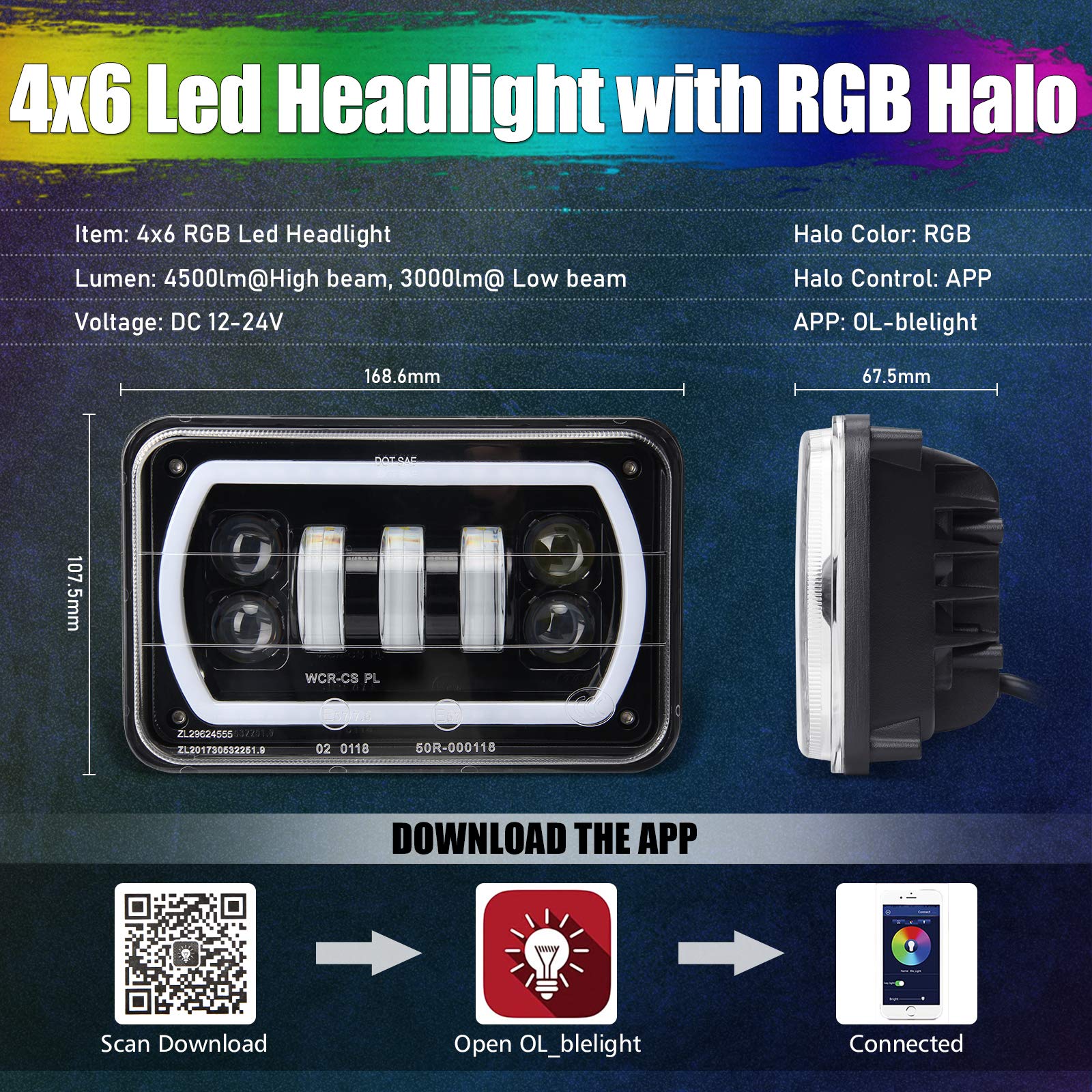 4x6 Led Headlight RGB Halo Ring, Music Mode, Smartphone APP Control, Seal Beam Replace H4651 H4656 H4666 Rectangular Square Headlights for Trucks Peterbilt Kenworth Monte Carlo Oldsmobile (2PC Pack)