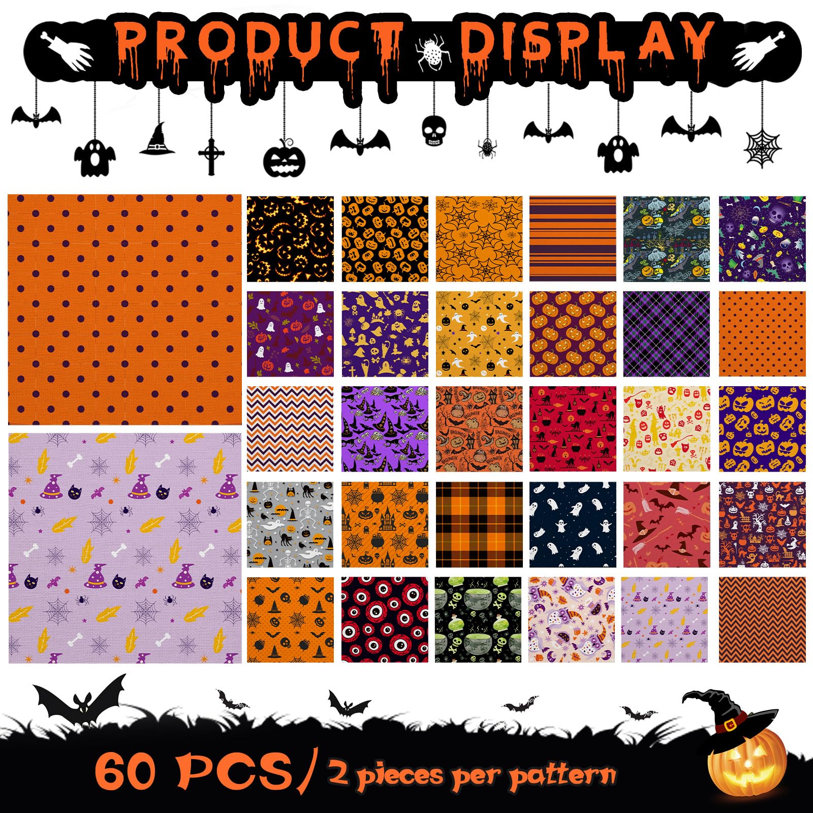 60 Pcs 10 x 10 Inch Halloween Fabric Polyester Fabric Bundle Fat Quarters Bat Pumpkin Ghost Skull Print Fabric Squares Holiday Quilting Fabric for DIY Decorations Sewing Craft, 30 Styles (Pumpkin)