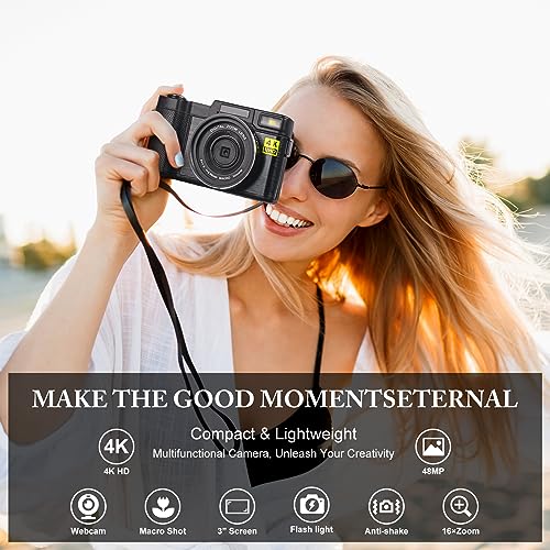4K Digital Camera for Photography, Autofocus 48MP Vlogging Camera for YouTube with 16X Digital Zoom Macro Camera, 3’’180°Flip Screen Compact Video Camera with Liftable Flash, SD Card&2 Batteries