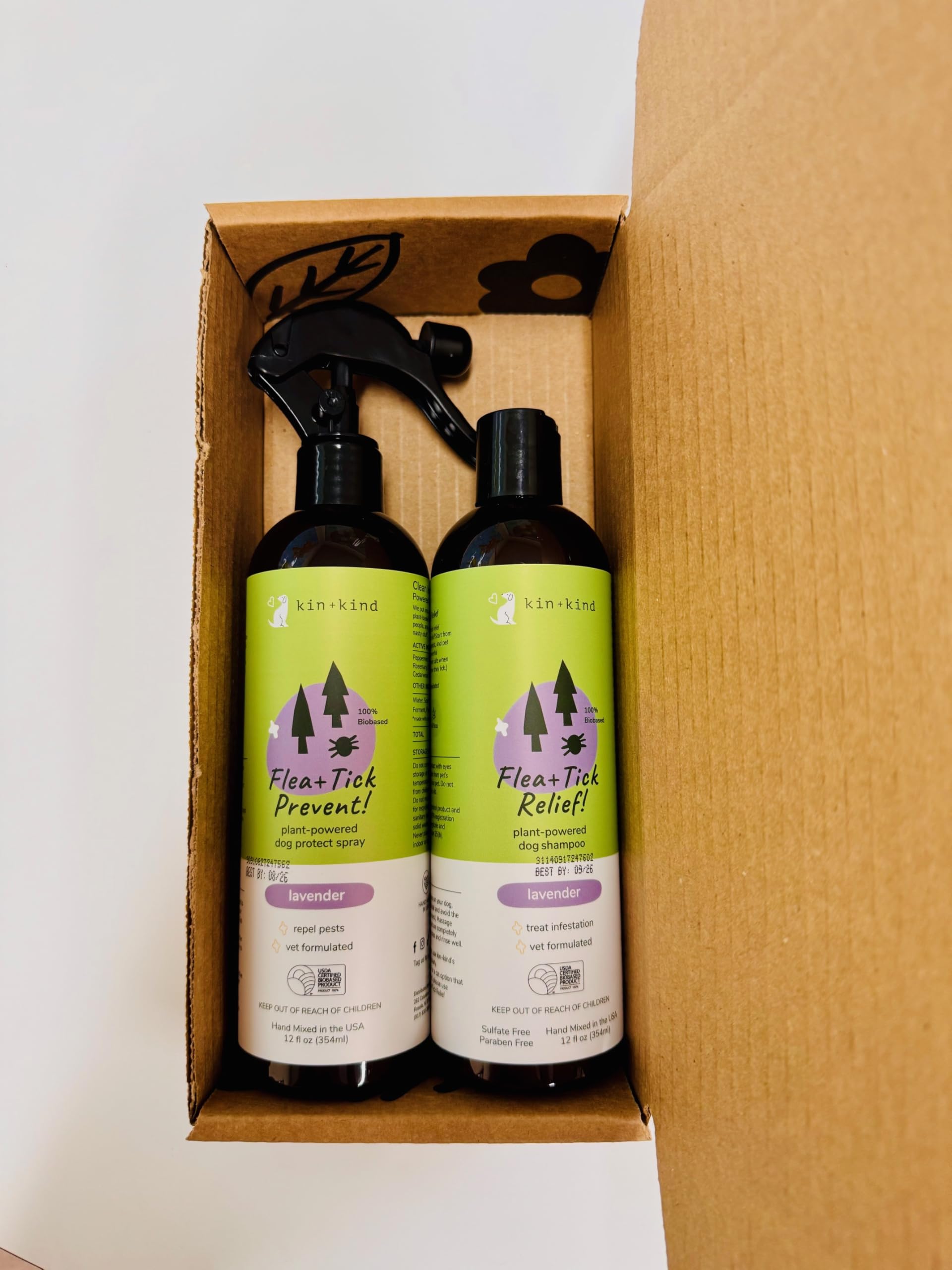 kin+kind Flea and Tick Spray and Shampoo Kit- Shampoo and Spray Set- Shampoo for Dogs, Spray for Dogs- for Tick and Flea Control Shampoo and Repel Spray- Lavender, 12 oz Each
