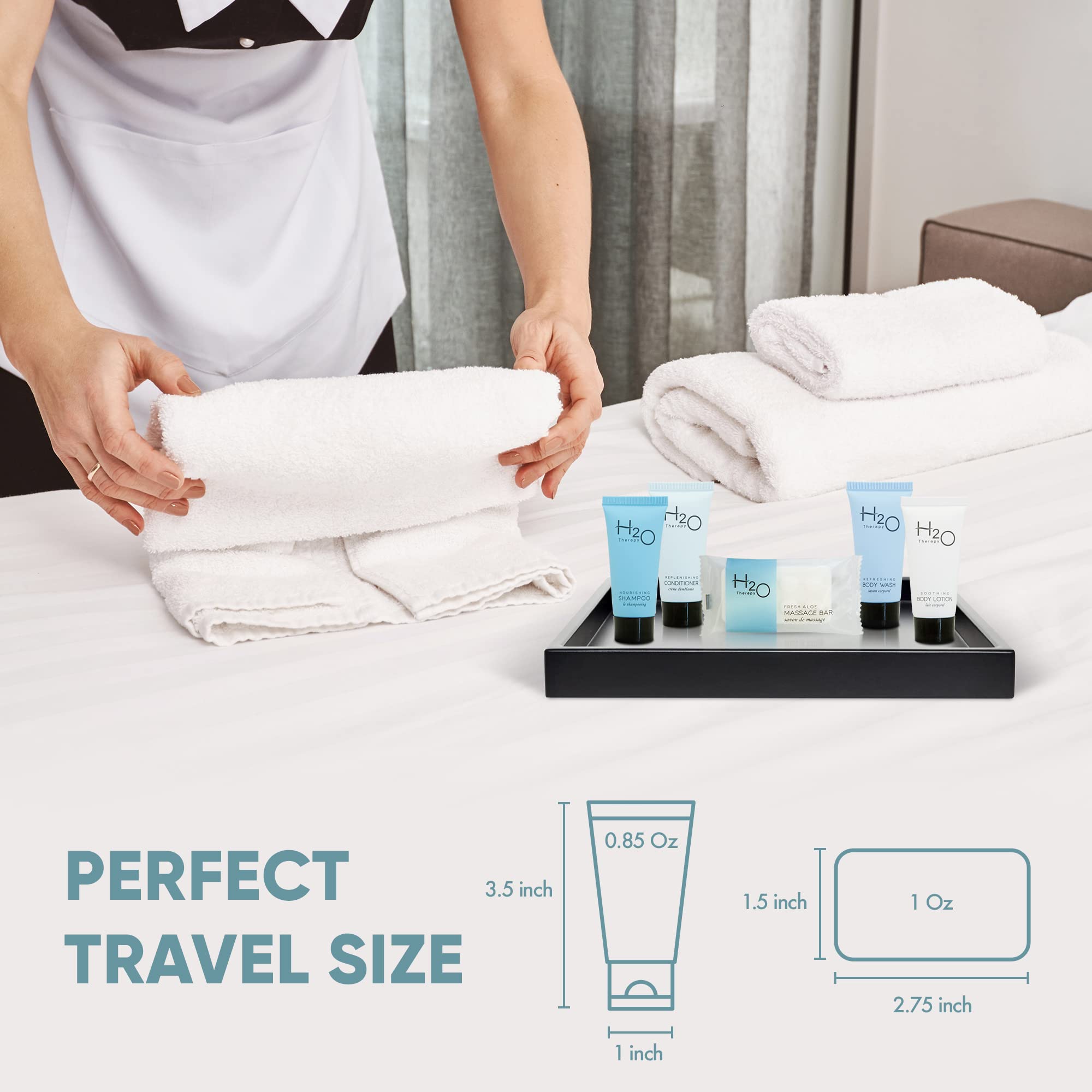 H2O Therapy Hotel Soaps & Toiletries Bulk Set | 1-Shoppe Amenities Kit | 0.85oz Shampoo & Conditioner, Body Wash, Lotion, 1oz Bar Soap | Travel Size | 300 Pieces