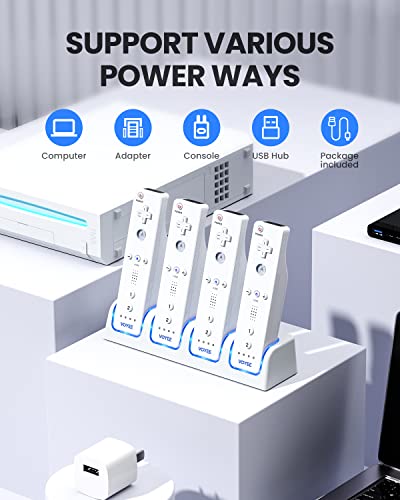 4-in-1 Wii Remote Charger, VOYEE Fast Charging Station with 4 Pack 2800mAh Wii Rechargeable Battery Pack and Type-C USB Cable, Wii Charger Compatible with Nintendo Wii/Wii U Controller White