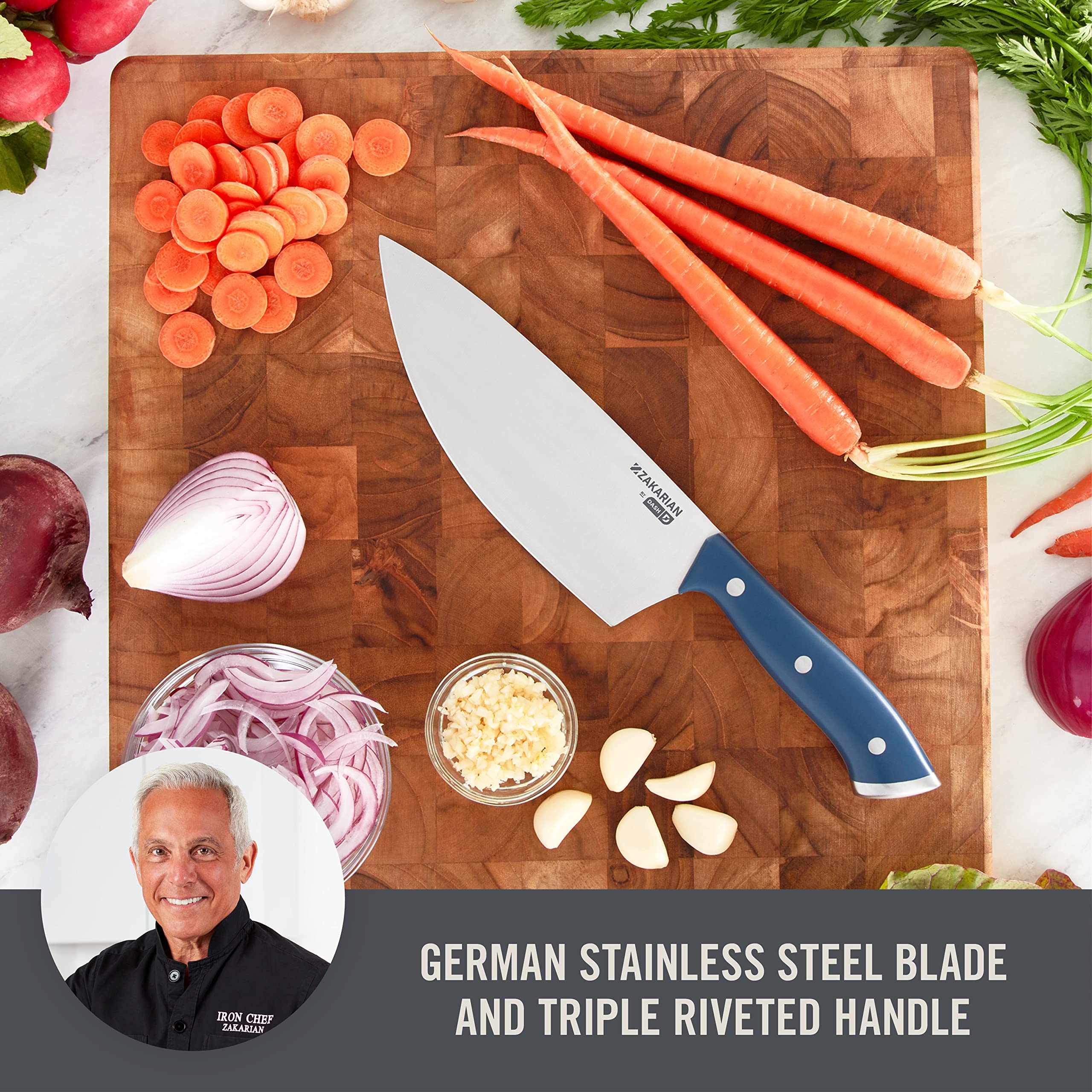 DASH Zakarian 7" German Steel Rocking Chef Knife with Sheath, Perfect for Vegtables, Grey