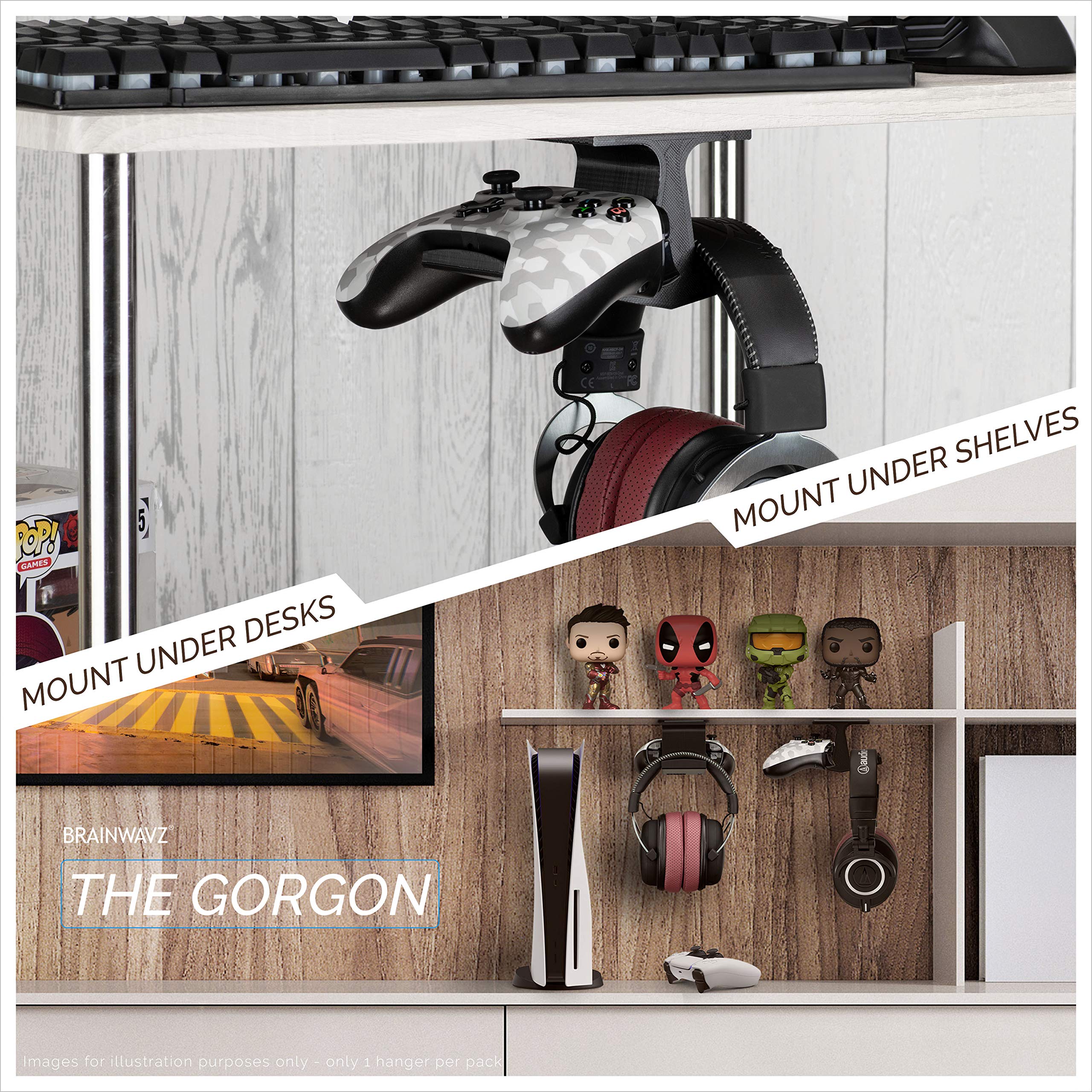 BRAINWAVZ The Gorgon - Under Desk Game Controller & Headphone Holder for XBOX, PS4, PS5, Series One, Steelseries, PC & Most Gamepads & Headsets, Screwless Hanger Stand, Black