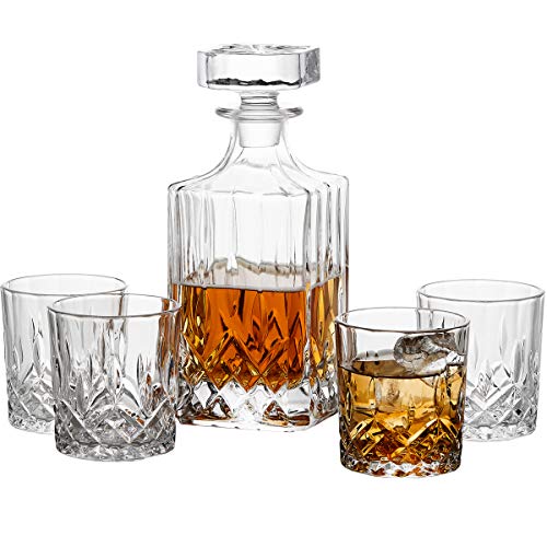 GoodGlassware Whiskey Decanter and Glasses (5 Piece Set) â Elegant Liquor Carafe with Ornate Solid Glass Stopper and 4 Matching Whisky Tumblers - Lead-Free and Dishwasher Safe Transparent