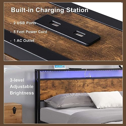 Anwick Metal Full Bed Frame with Storage Headboard and 2 USB Ports,Industrial Bed Frame Full Size with LED Lights and Underneath Storage,Noise Free, No Box Spring Needed(Full)
