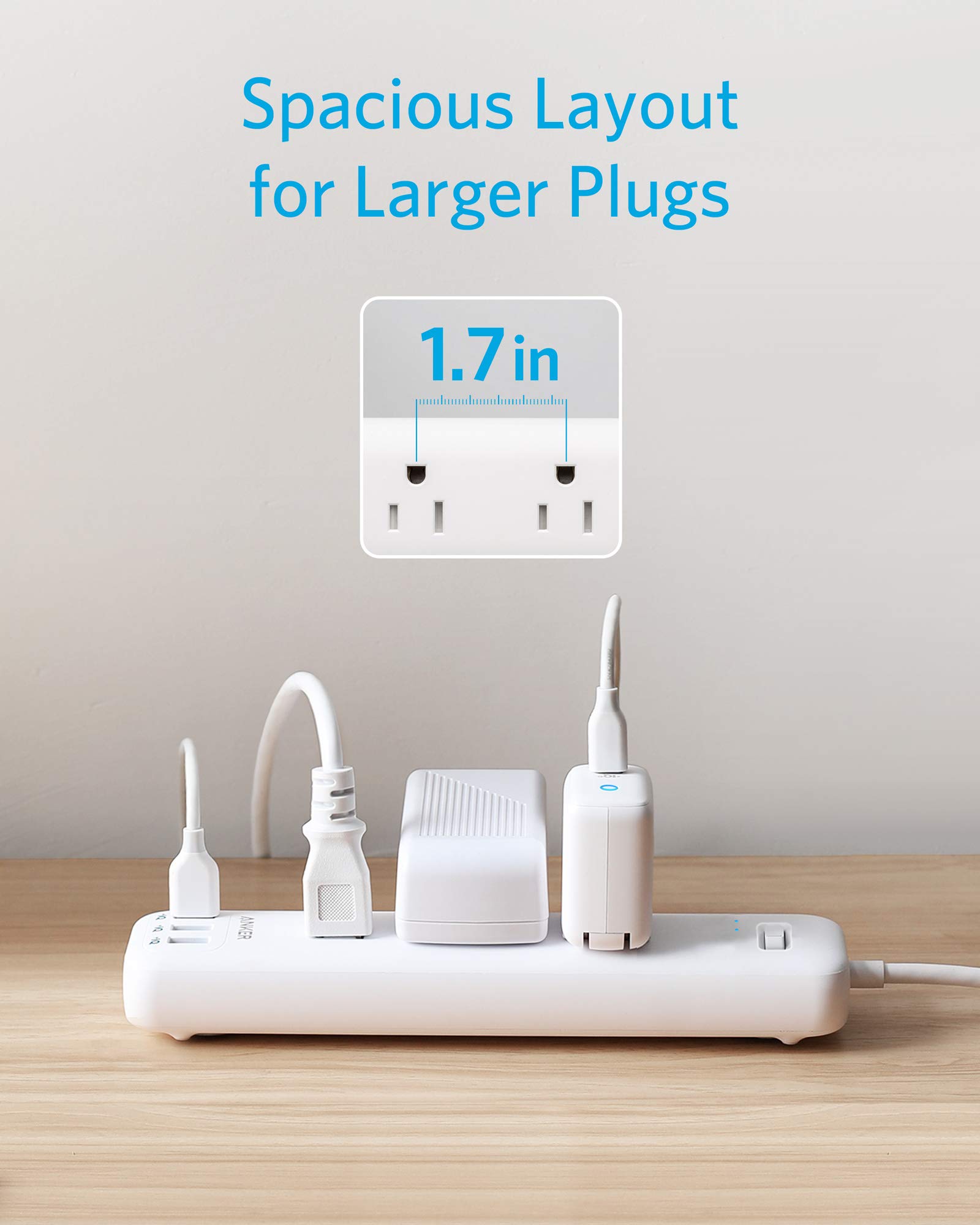 Anker Power Strip with USB, 3-Outlet & 3 PowerIQ USB Power Strip, PowerPort Strip 3 with 5 Foot Long Extension Cord, Flat Plug, Safety Shutter, for Home, Office