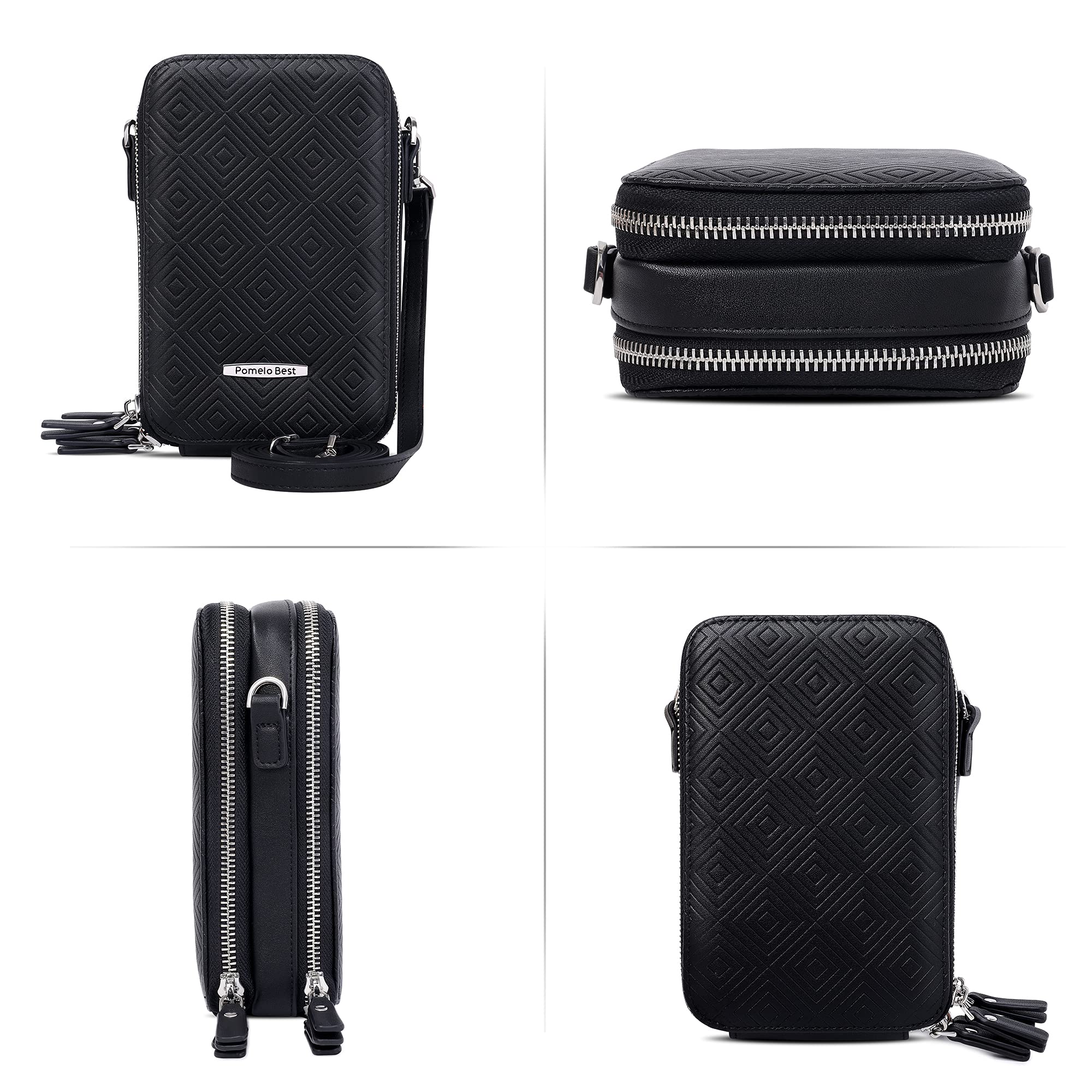 Crossbody Bags for Women, Women Wallet in Rhombus Embossed Pattern with RFID Blocking Can Fit Most Phone (Black)