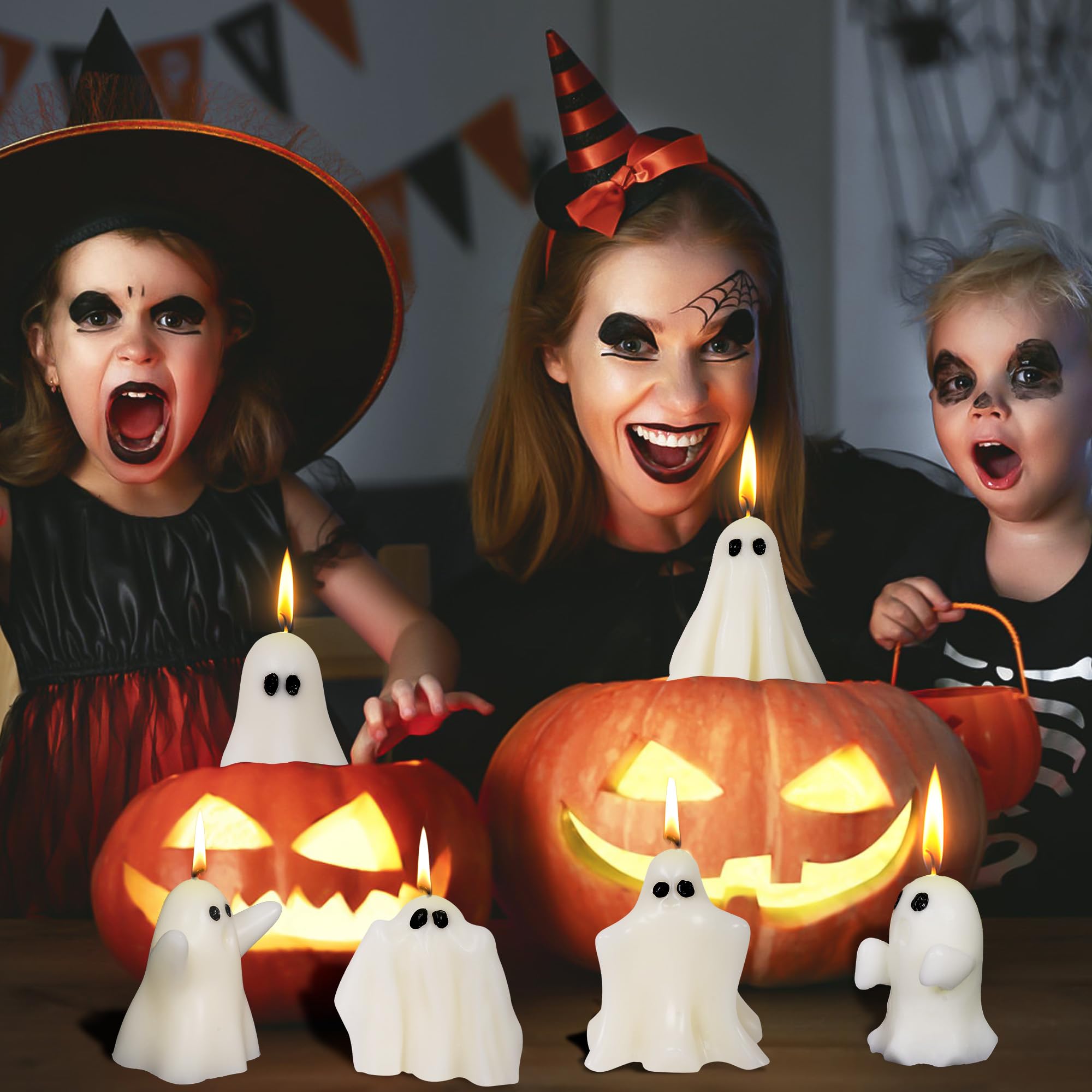 6 Pcs Halloween Ghost Candles Cute Ghosts Shaped Scented Candle Spooky Decoration White Soy Wax for Hallo ween Table Party Favor, Indoor Decor Gifts
