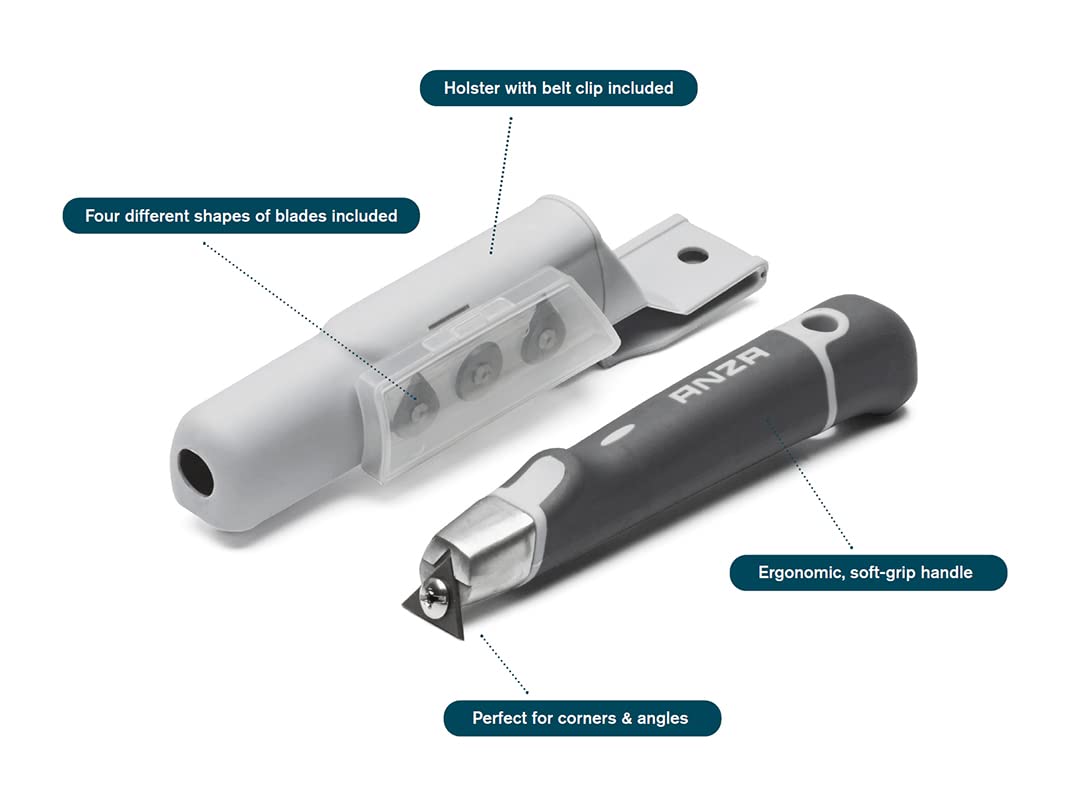 Anza ® | Scraper with razor sharp blades and convenient holster | Comfortable, ergonomic & versatile tool to scrape paint and clean intracate surfaces | 4 different shapes of blades included