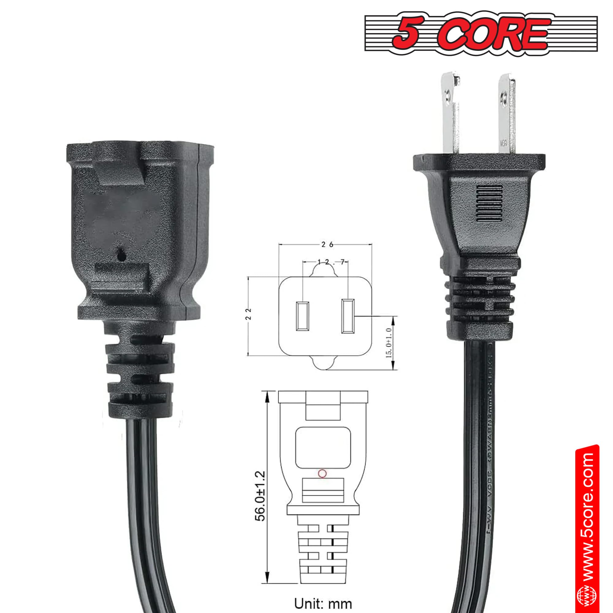 5 Core AC Power Cord 15 Ft • 2 Prong Extension Adapter • 16AWG/2C 125V 13A • US Polarized Male to Female Outlet Extension Cable Black- EXC BLK 15FT