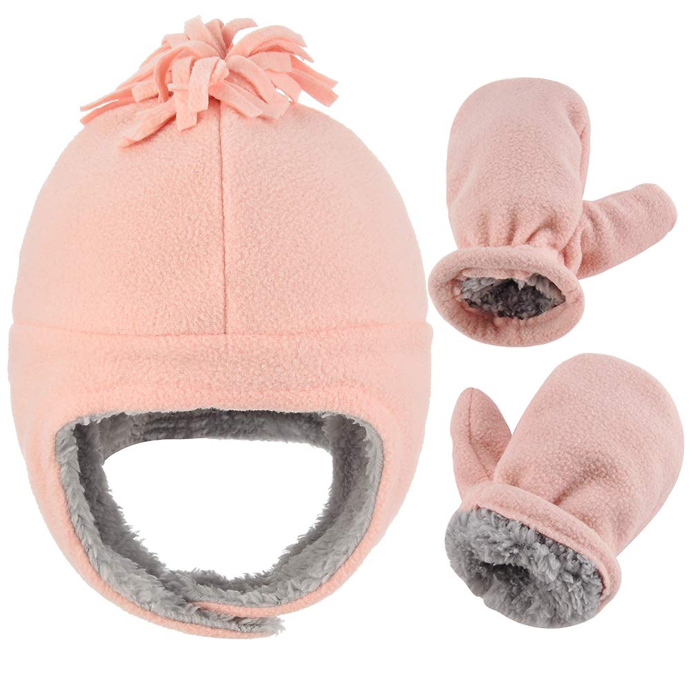 Toddler Winter Hat with Mitten Set - Baby Kids Sherpa Lined Warm Fleece Cap Set with Ear Flaps (Pink, L)
