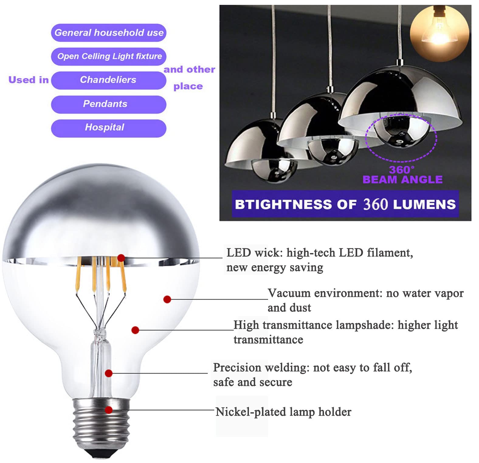 4-Pack 4 Watt Half Chrome Light Bulbs Dimmable G25(G80), E26 Natural White 4000K 40W Equivalent 360lm Edison LED and Christmas Decorative Bulbs with Silver Mirror for Indoor Living Room, AC 120V