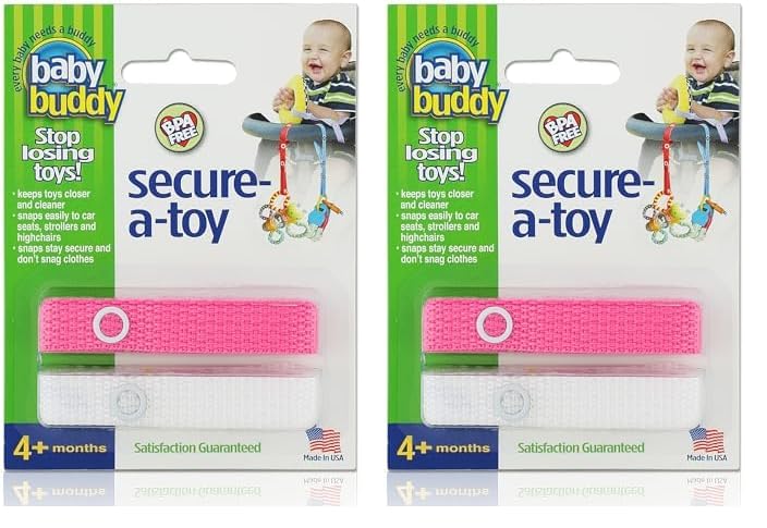 Baby Buddy Secure-A-Toy - Straps Toys, Teether, or Pacifiers to Strollers, Highchairs, Car Seats— Safety Leash With Adjustable Length to Keep Toys Sanitary & Clean, Pink/White 2 Count (Pack of 2)
