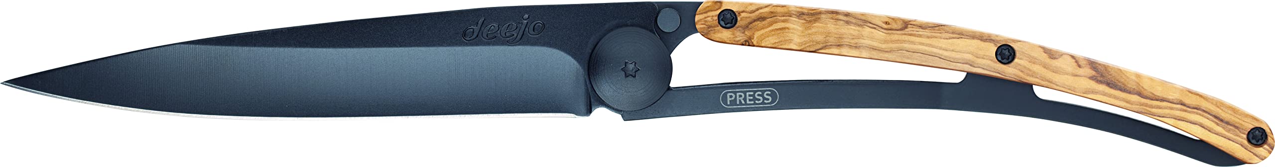 deejo Ultra Lightweight Folding Pocket Knife with Belt Clip - Olive Wood Version 1.3 oz - Fine, Sharp Blade - Black Titanium Coating Stainless Steel - Elegant and Modern Design
