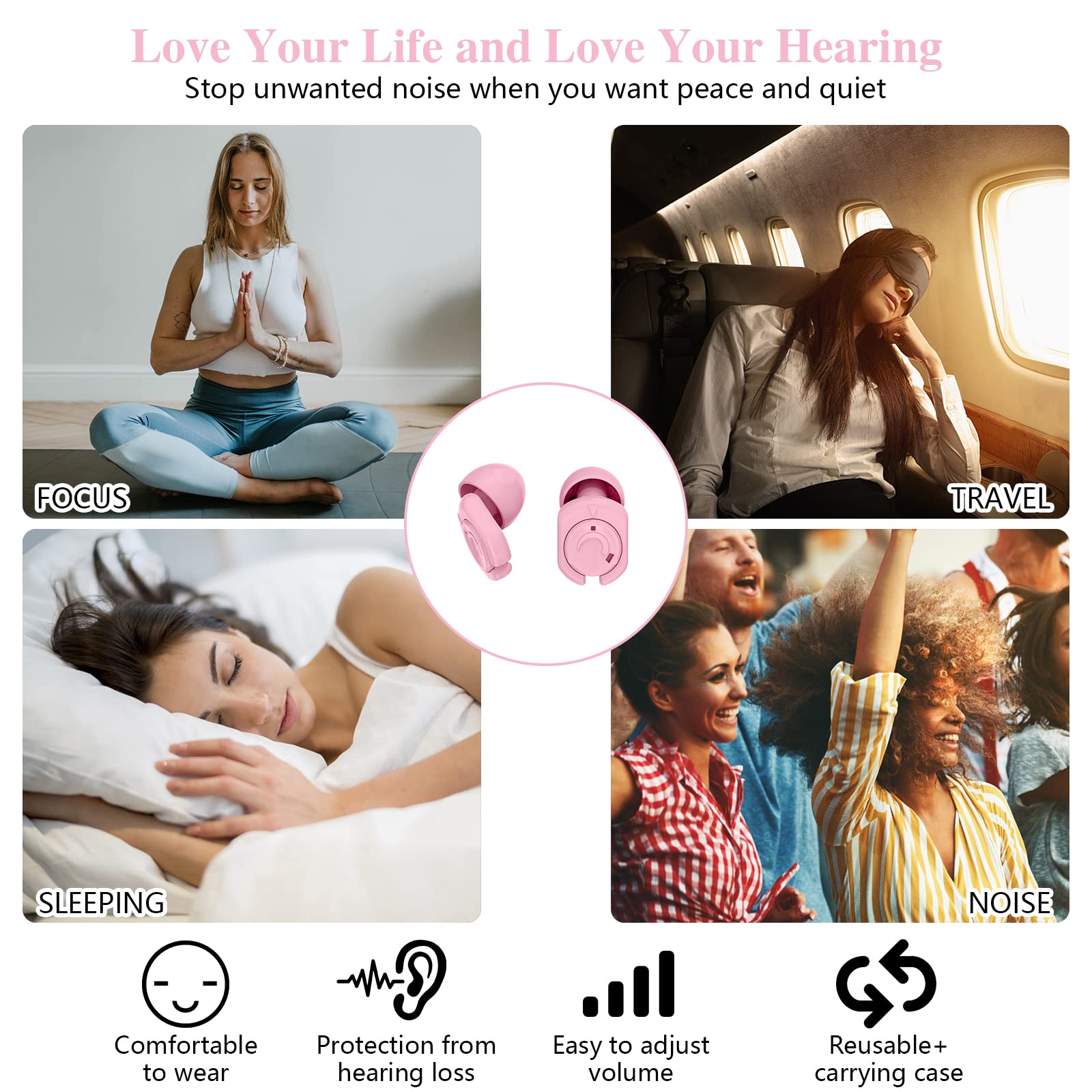 Adjustable Ear Plugs for Noise Reduction-3 Pairs of Reusable Hearing Protection in S/M/L for Sleep, Studying, Flights, Noise Sensitivity-Pink