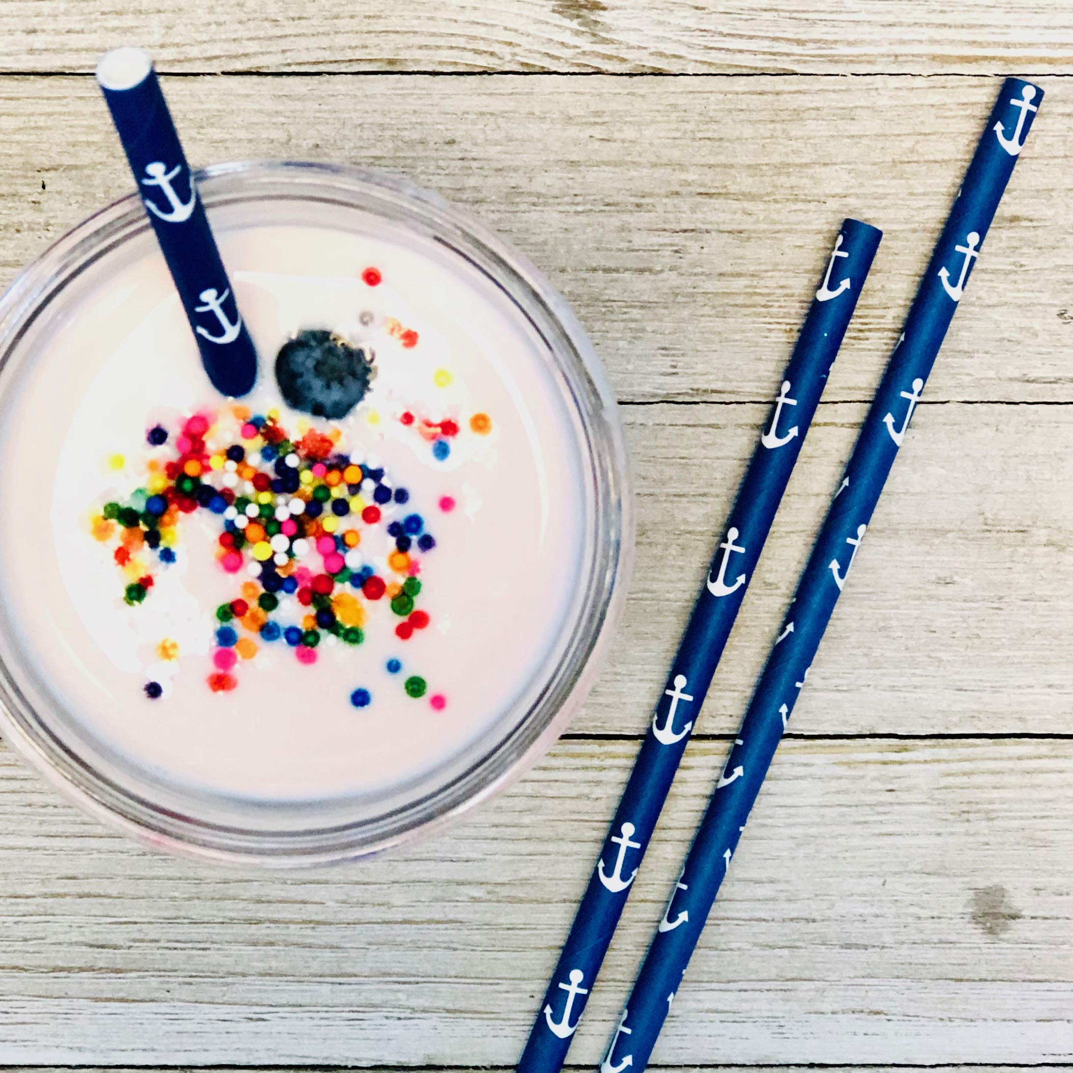 Anchor Nautical Themed Paper Straws - Navy Blue White - 7.75 Inches - 100 Pack - Outside the Box Papers Brand