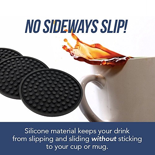 ENKORE Coasters For Drinks - Set of 6 with Holder, Black - Protect Furniture From Water Marks or Damage - Deep Tray and Rim Catch Cold Drink Sweat Without Spill, Large 4.3 Inch Size Fit All Cups