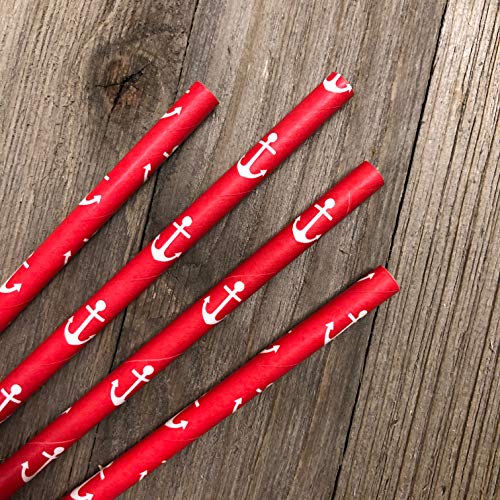 Anchor Nautical Themed Paper Straws - Red and White - 7.75 Inches - 100 Pack - Outside the Box Papers Brand