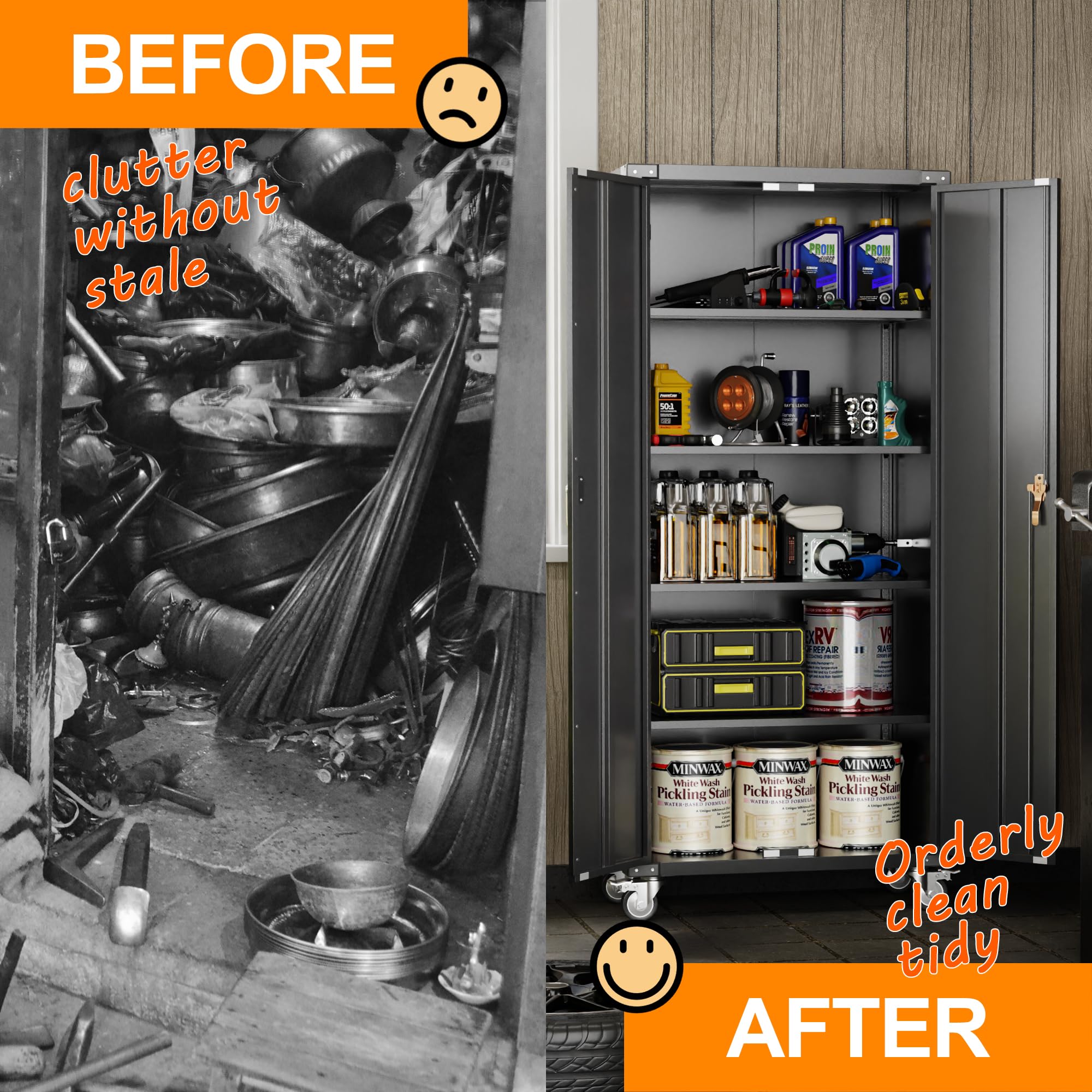 Aobabo Metal Garage Storage Cabinet on Wheels, Double Handle Lock Steel Storage Cabinet with 2 Doors, 4 Shelves Adjustable Black, Assembly Required