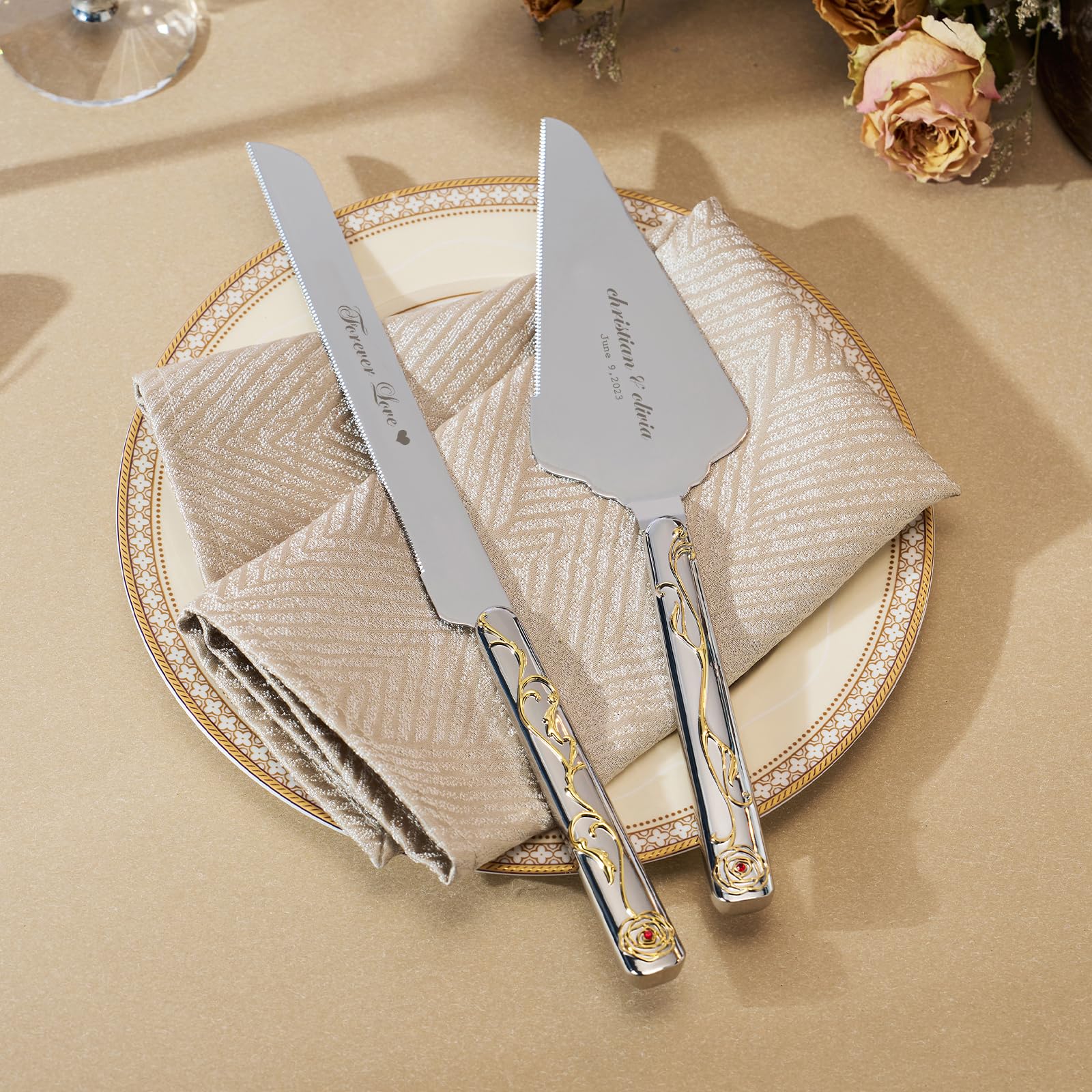 AW BRIDAL Wedding Cake Knife and Server Set, Vintage Cake Cutting Set for Wedding, Engraved Pie Cutter Wedding Gift Bridal Shower Gift Anniversary Engagement Gift For Couple
