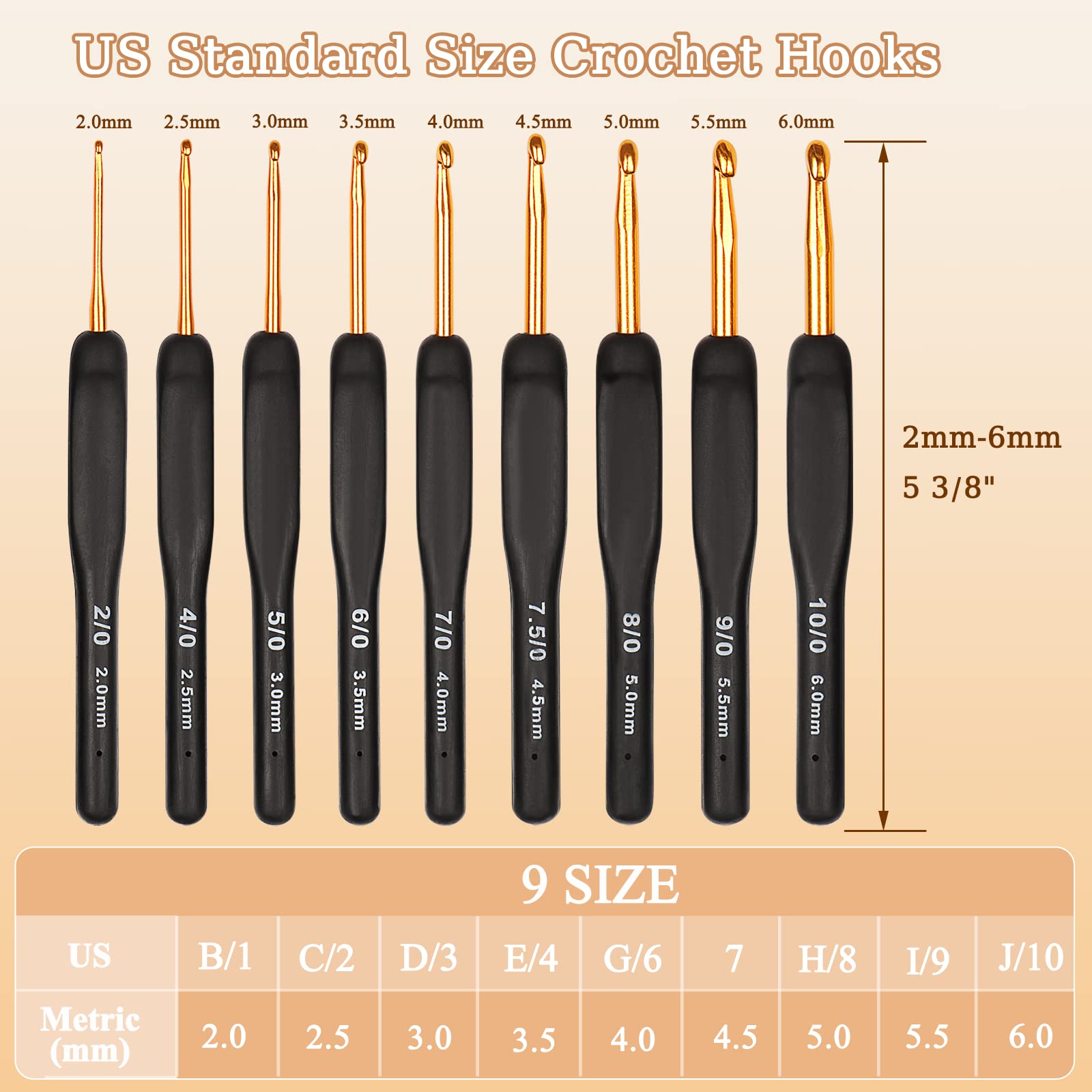 Aeelike 31pcs Crochet Hook Set, Black Gold Crochet Hooks Ergonomic with Grips for Arthritic Hands, Crochet Needles Set with Knitting & Crochet Supplies, Ideal Crochet Gift for Crochet Beginner Lover